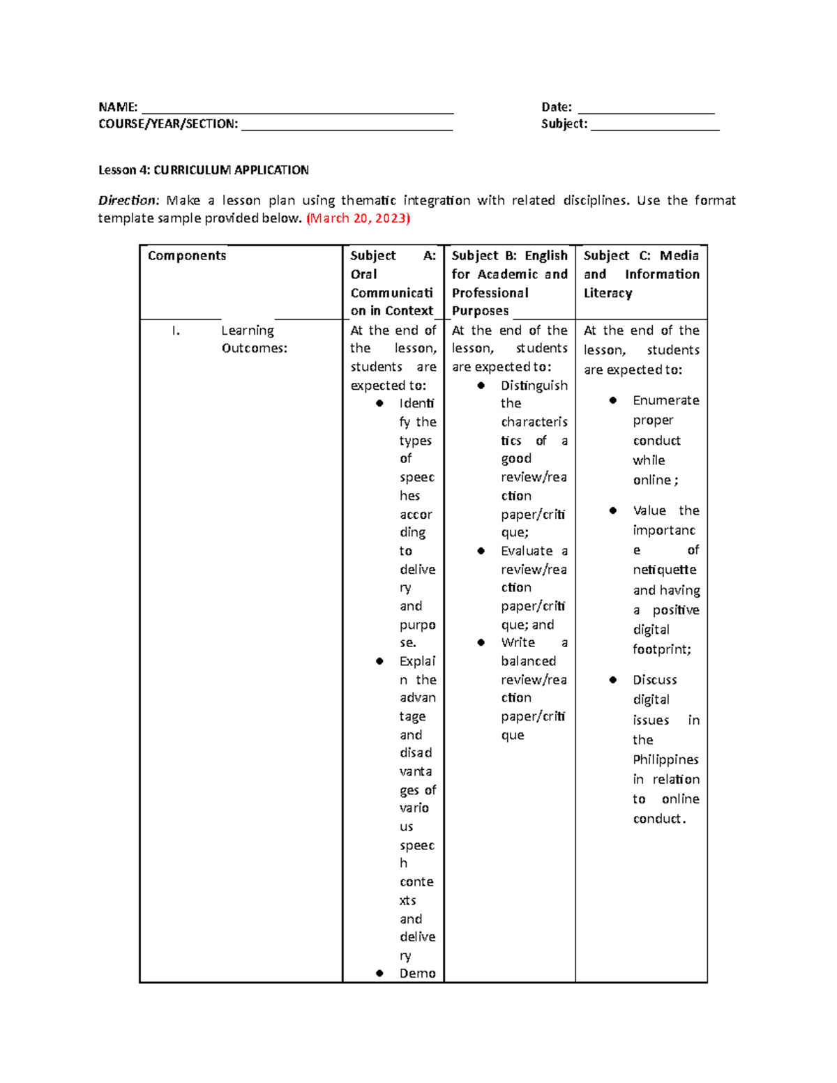 Lesson 4 CURR APP: Thematic Integration Lesson Plan - Studocu
