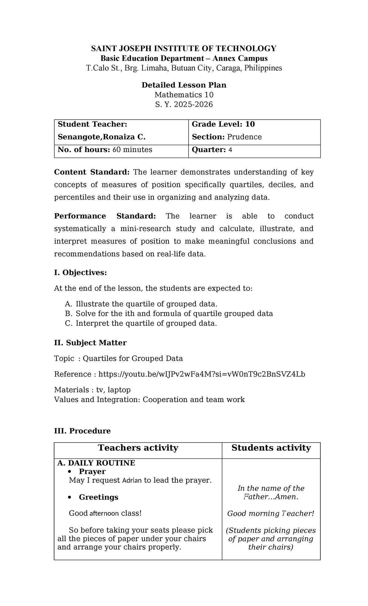 Detailed Lesson Plan: Quartiles for Grouped Data (Math 10) - Studocu