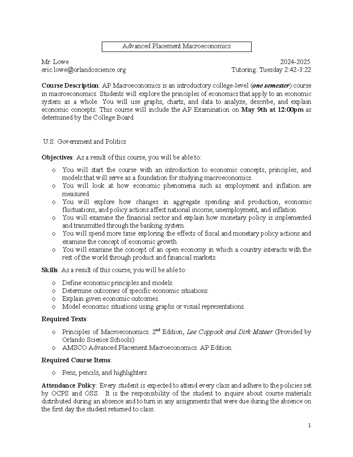 AP Macroeconomics Syllabus 2024-2025: Mr. Lowe's Course Overview - Studocu