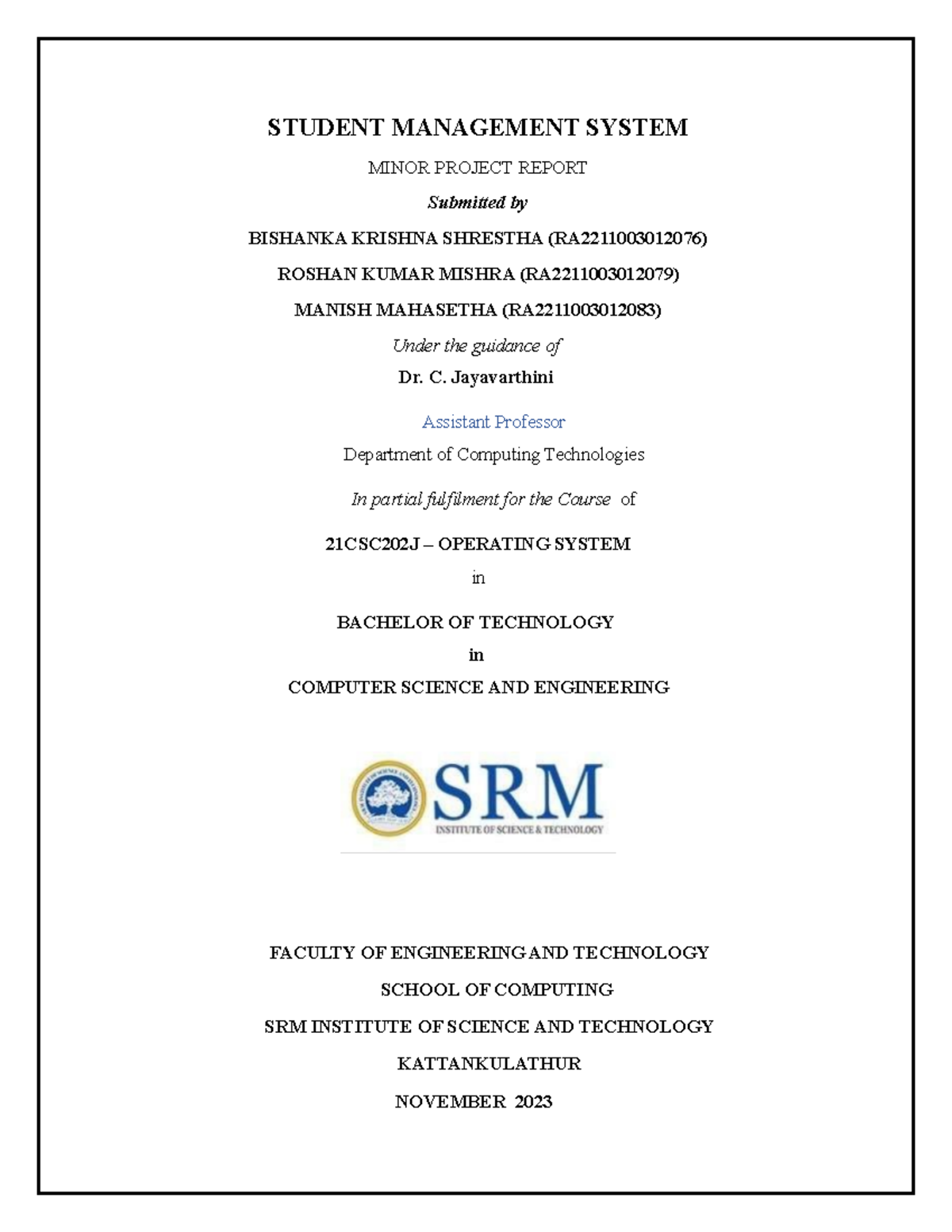 21CSC202J - Student Management System Minor Project Report - Studocu