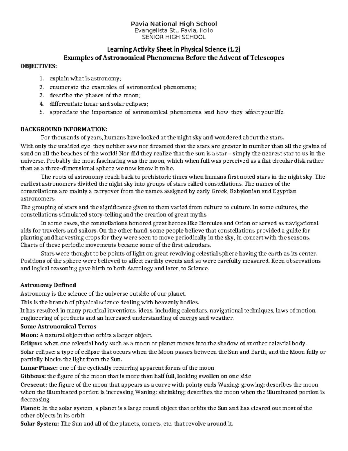 LAS Module Q1-WEEK1: Exploring Astronomical Phenomena in Physical ...