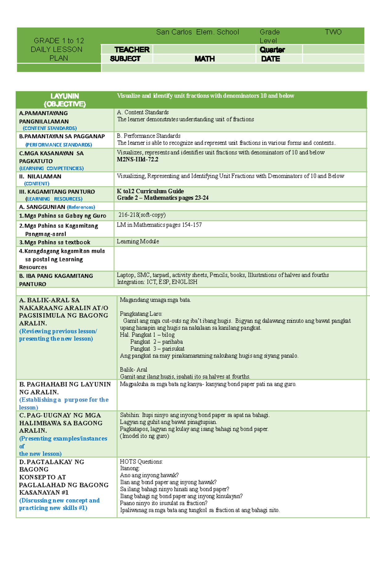 MATH 2: Daily Lesson Plan on Unit Fractions for Grade 2 Students - Studocu