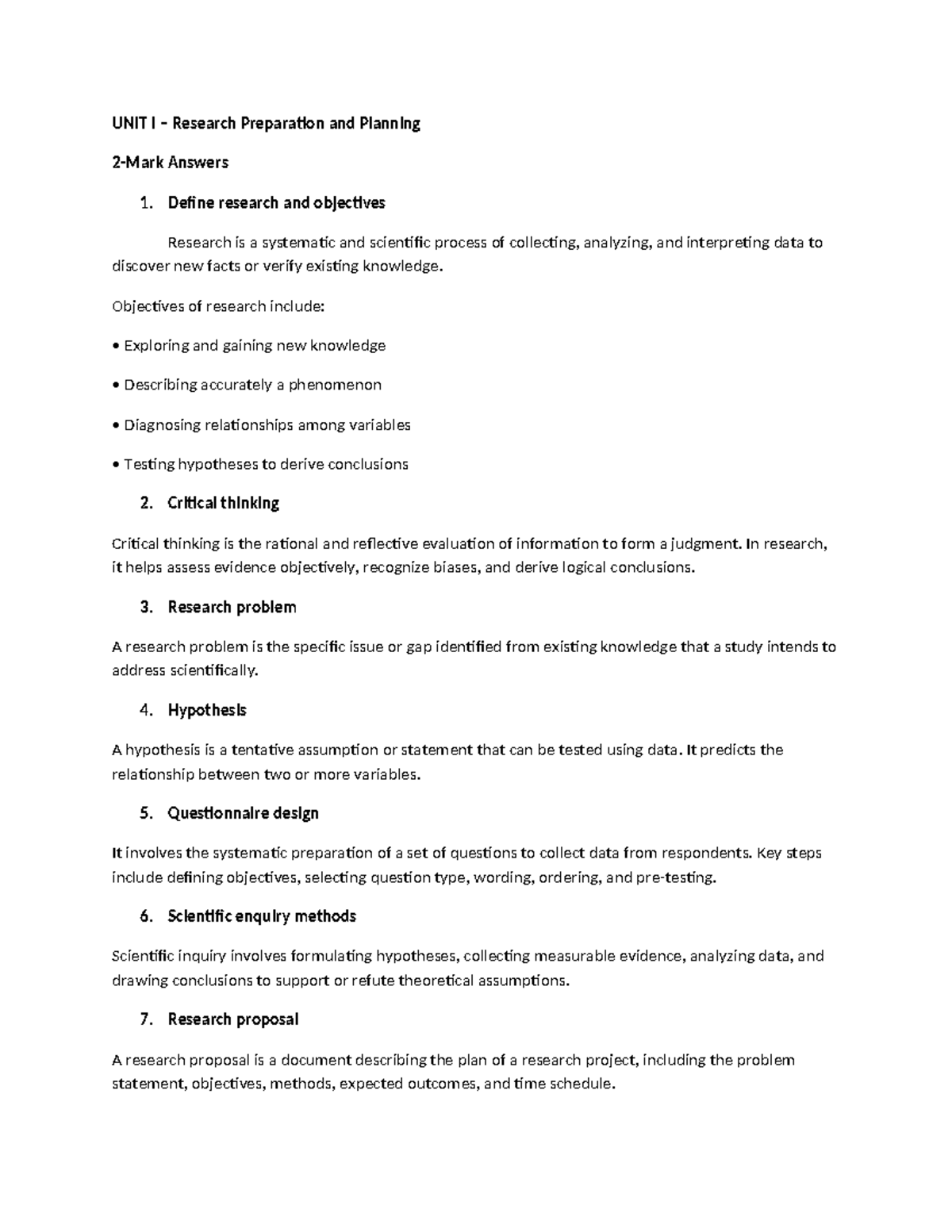 Research Methodology Notes: UNIT I Preparation & Planning - Studocu