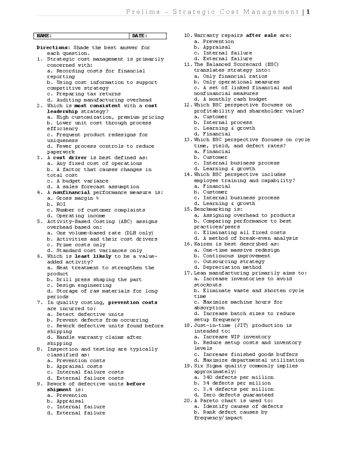 SCM - Prelims: Strategic Cost Management Exam Review - Studocu