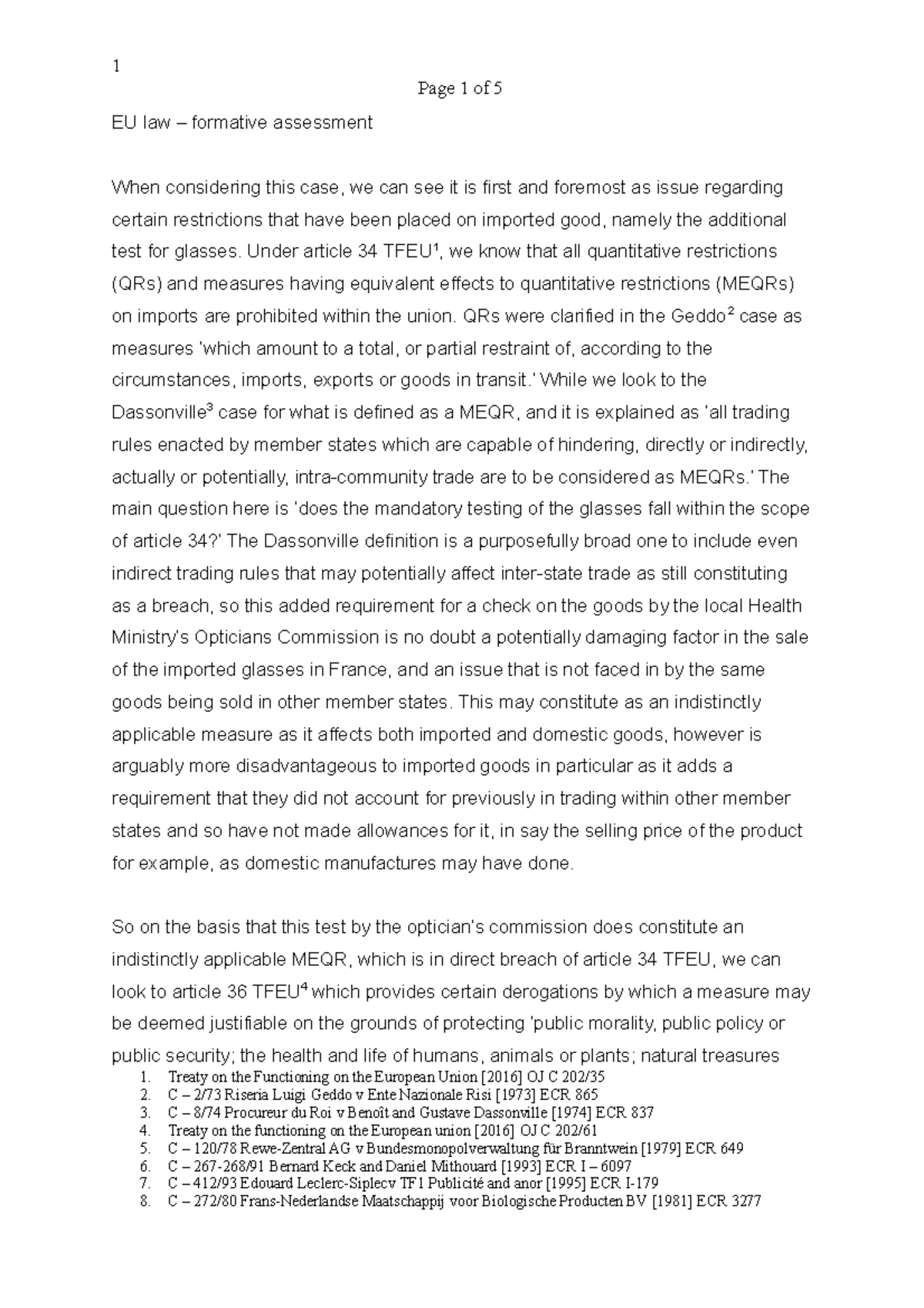 EU formative essay - free movement of goods - EU law – formative ...