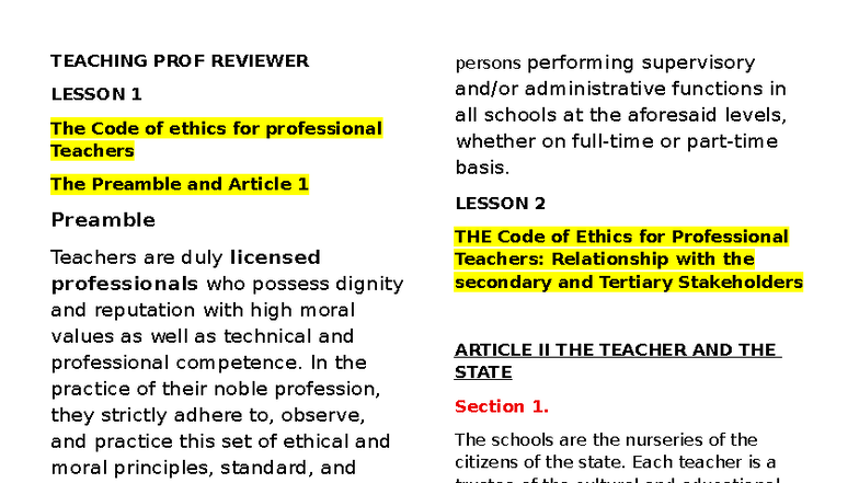 TEACHING PROFESSION: CODE OF ETHICS FOR PROFESSIONAL TEACHERS - Studocu