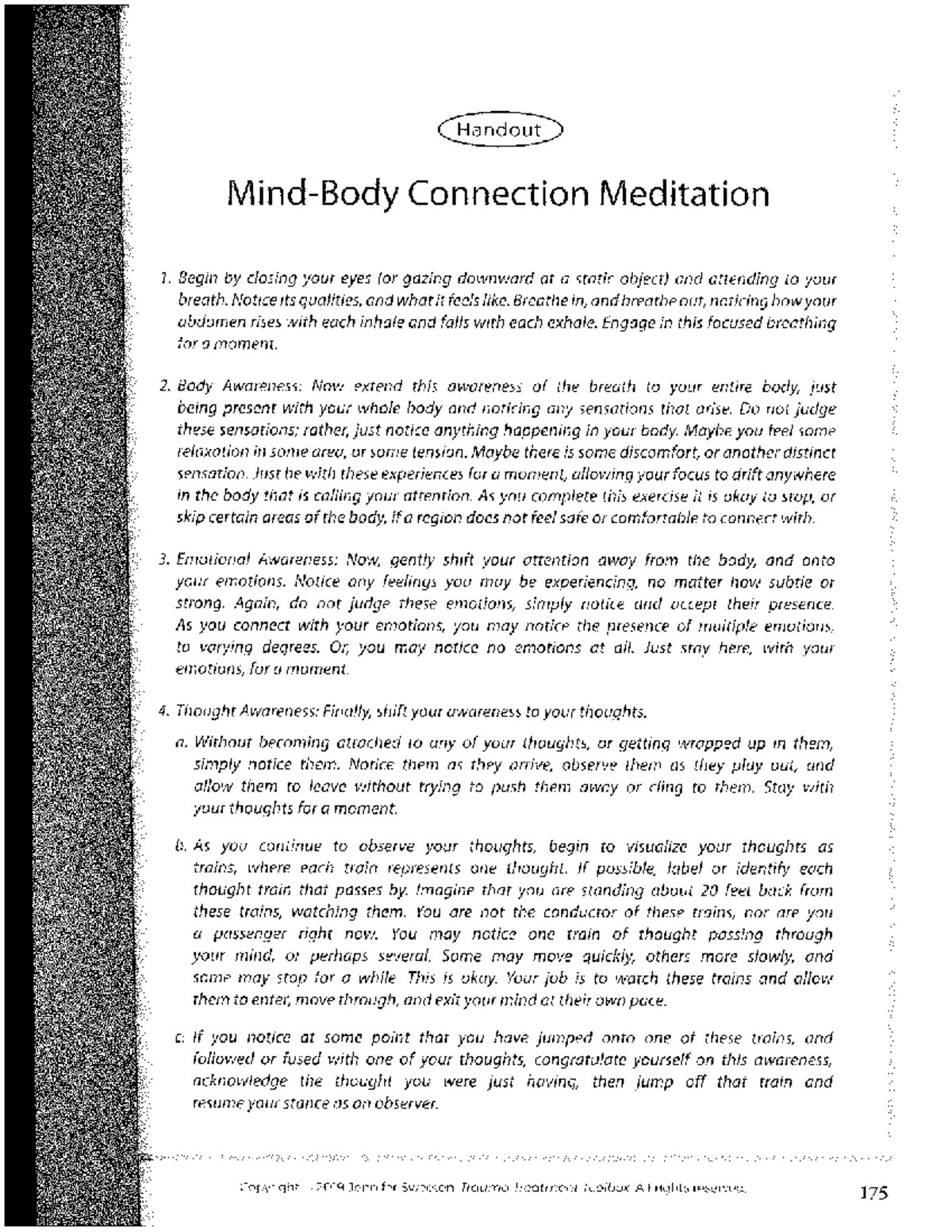 Mind-Body Connection Worksheet - Handout Connection Meditation 1. Begin ...