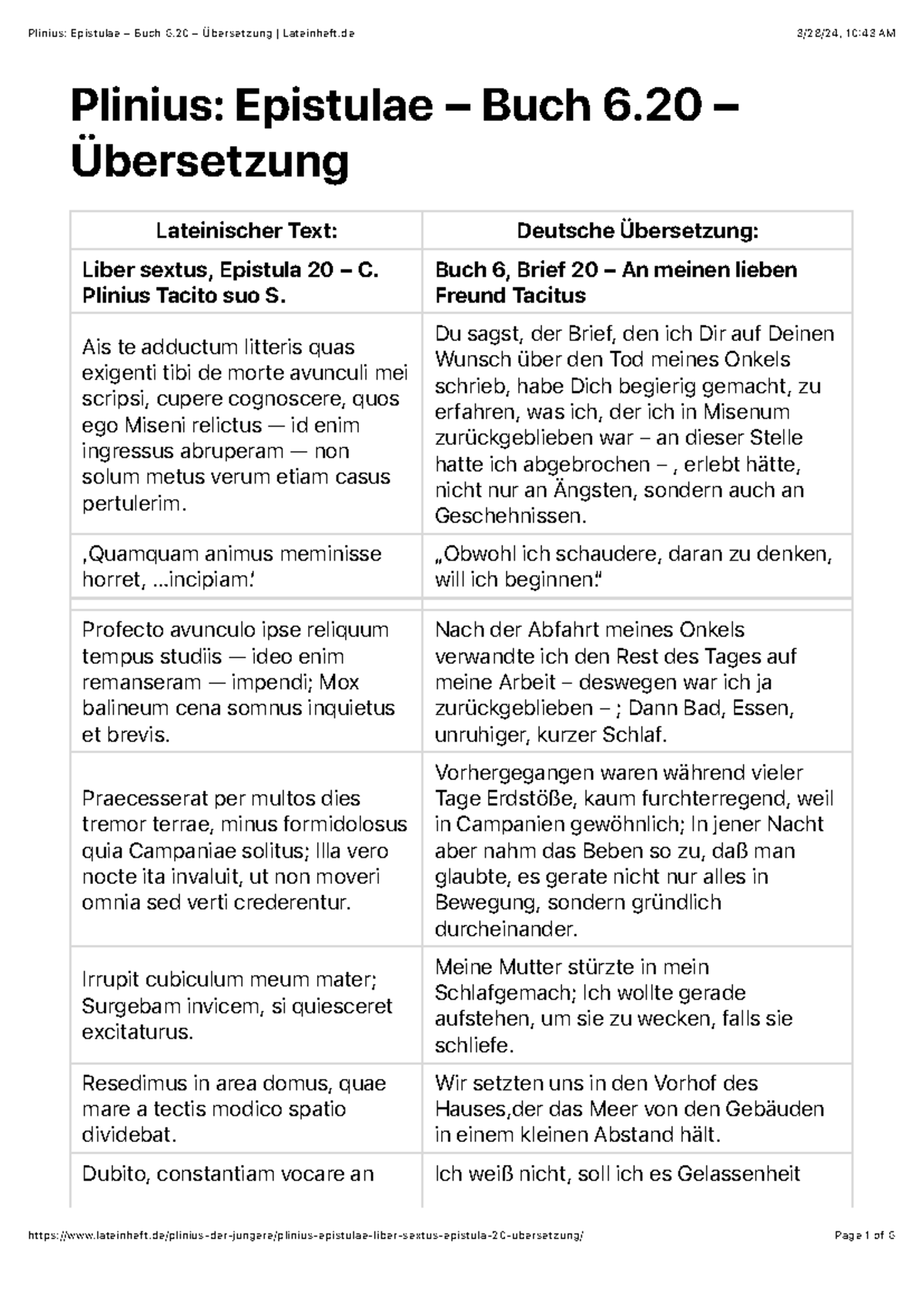 Plinius: Epistulae – Buch 6.20 – Deutsche Übersetzung und Analyse - Studocu