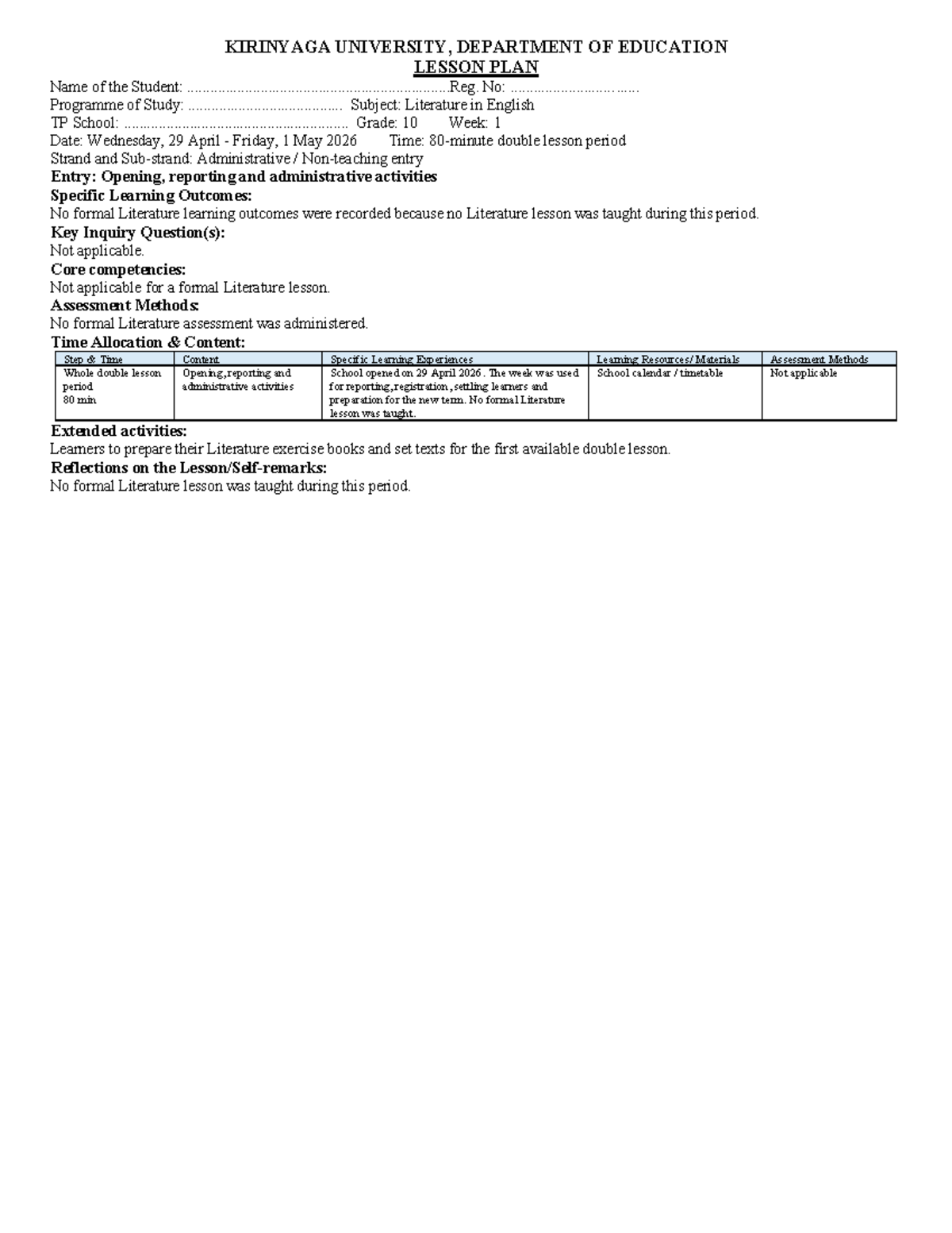Grade 10 Literature Lesson Plans (Weeks 1-4) - KIRINYAGA UNIVERSITY ...