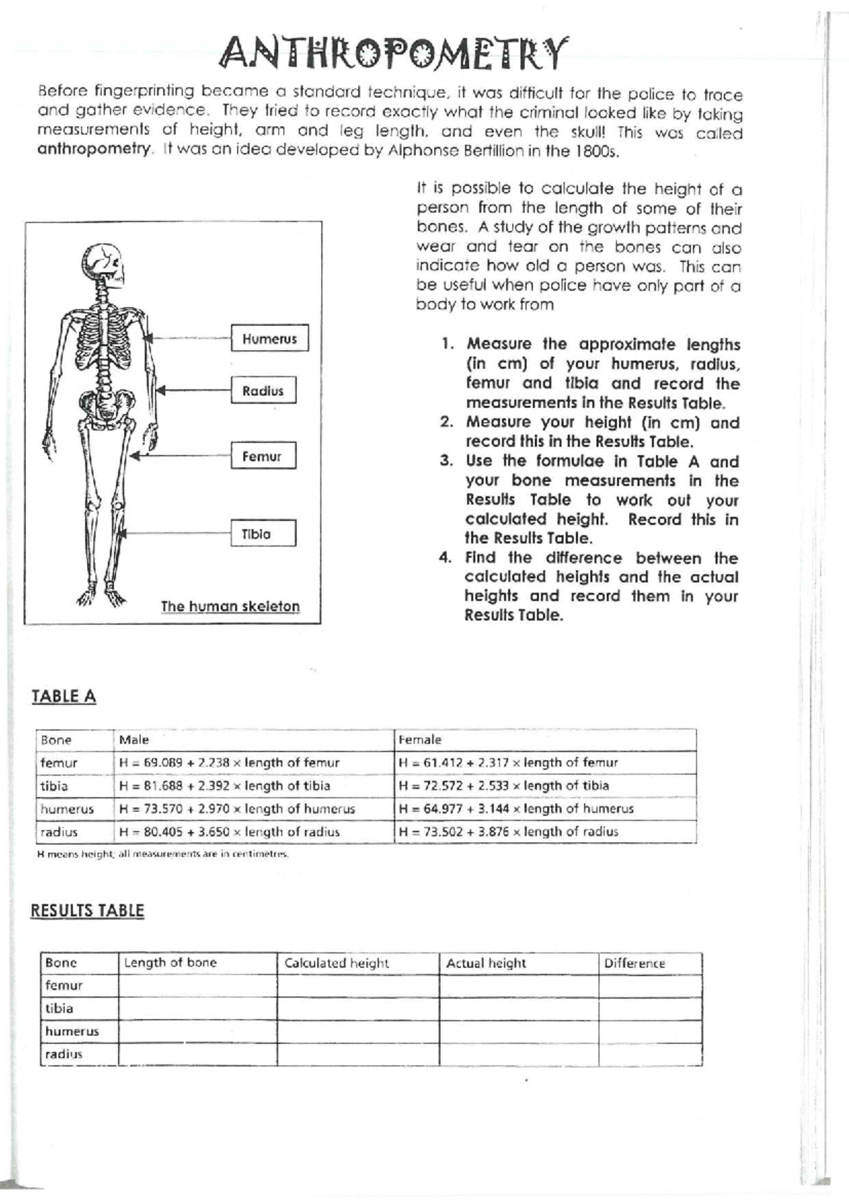 Forensics ANTH 101: Anthropometry Worksheet and Measurements - Studocu