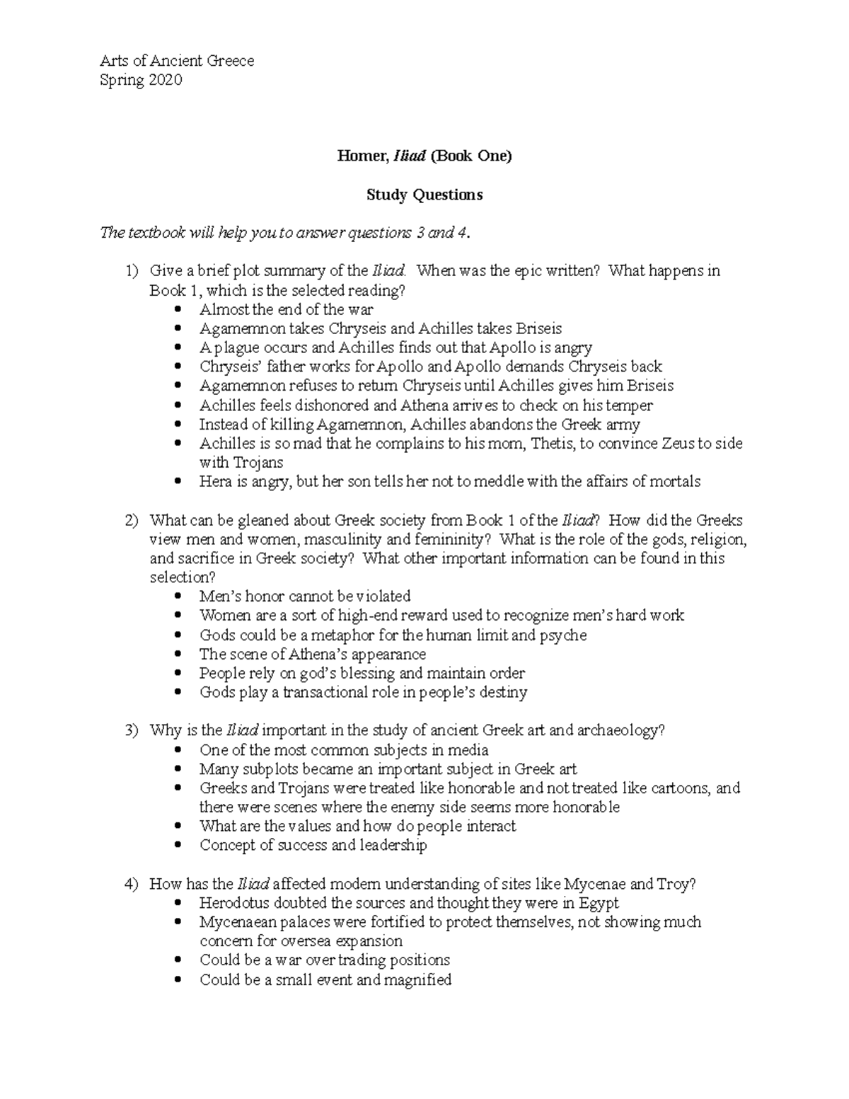Study Questions for Homer’s Iliad (Book 1) - Arts of Ancient Greece ...