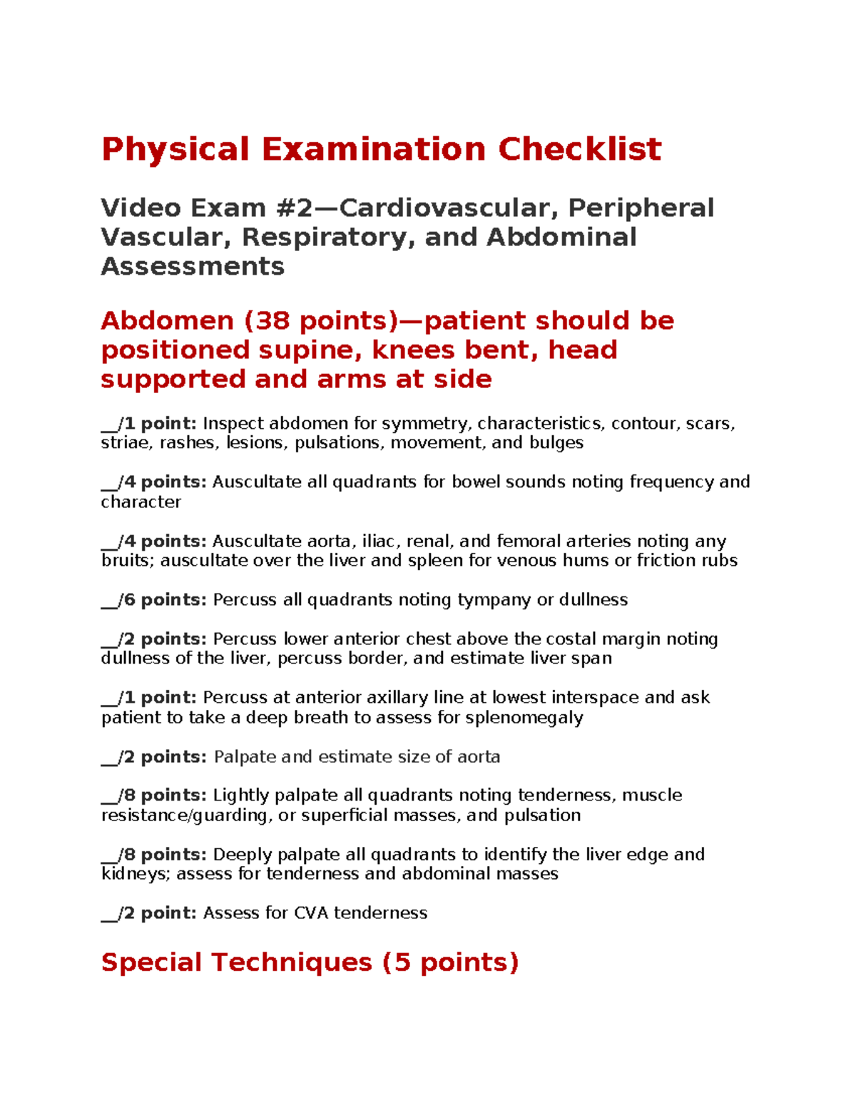 NU650 Video 2 Physical Examination Checklist - Physical Examination ...