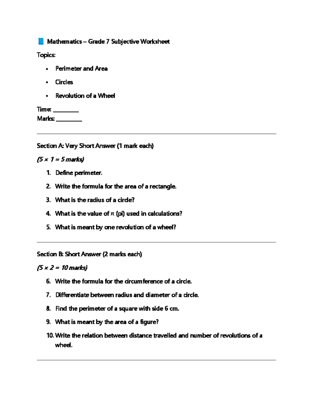 Mathematics Grade 7: Subjective Worksheet on Perimeter & Area - Studocu