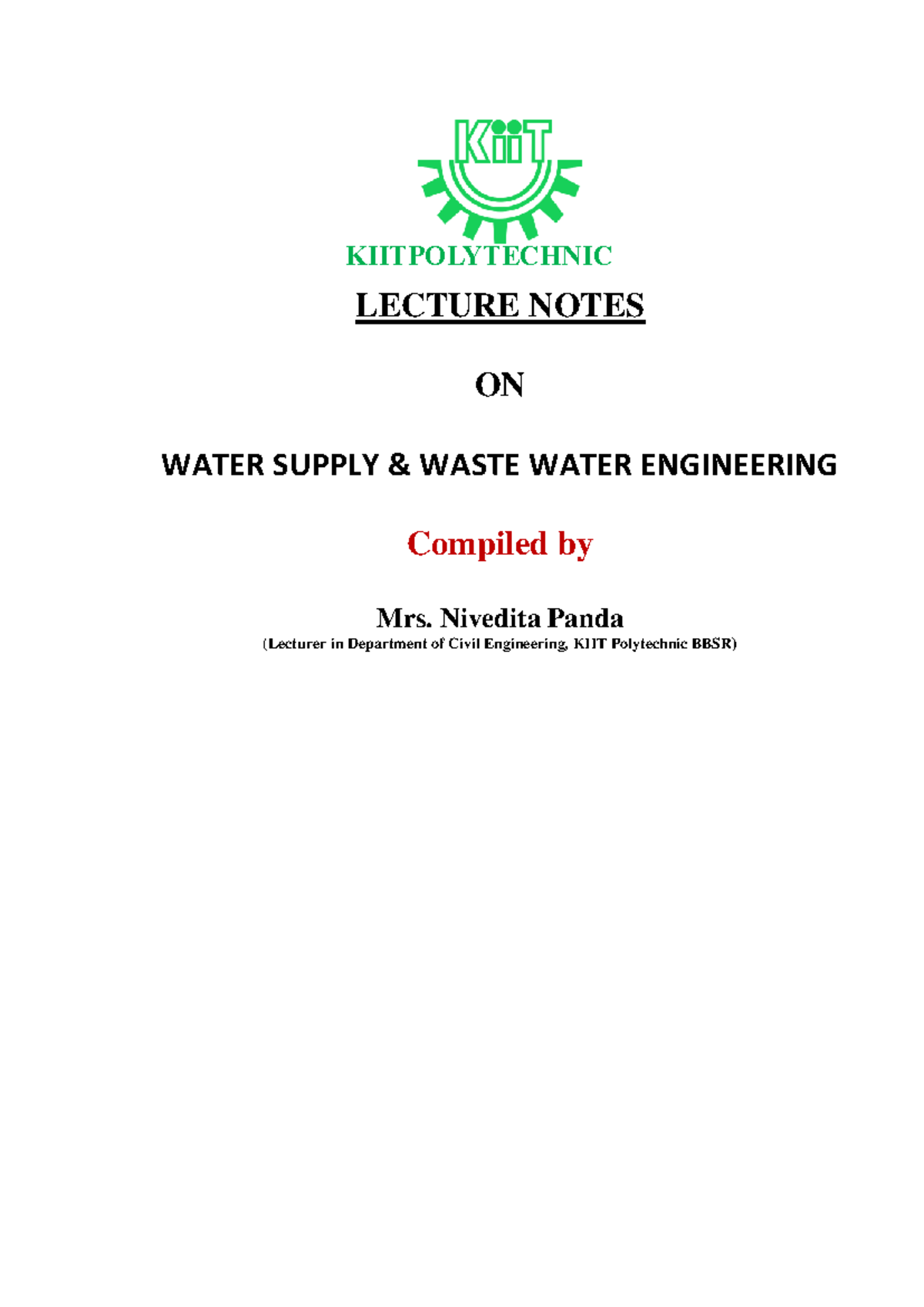KIITPOLYTECHNIC LECTURE NOTES ON WATER SUPPLY & WASTE WATER ENG. - Studocu
