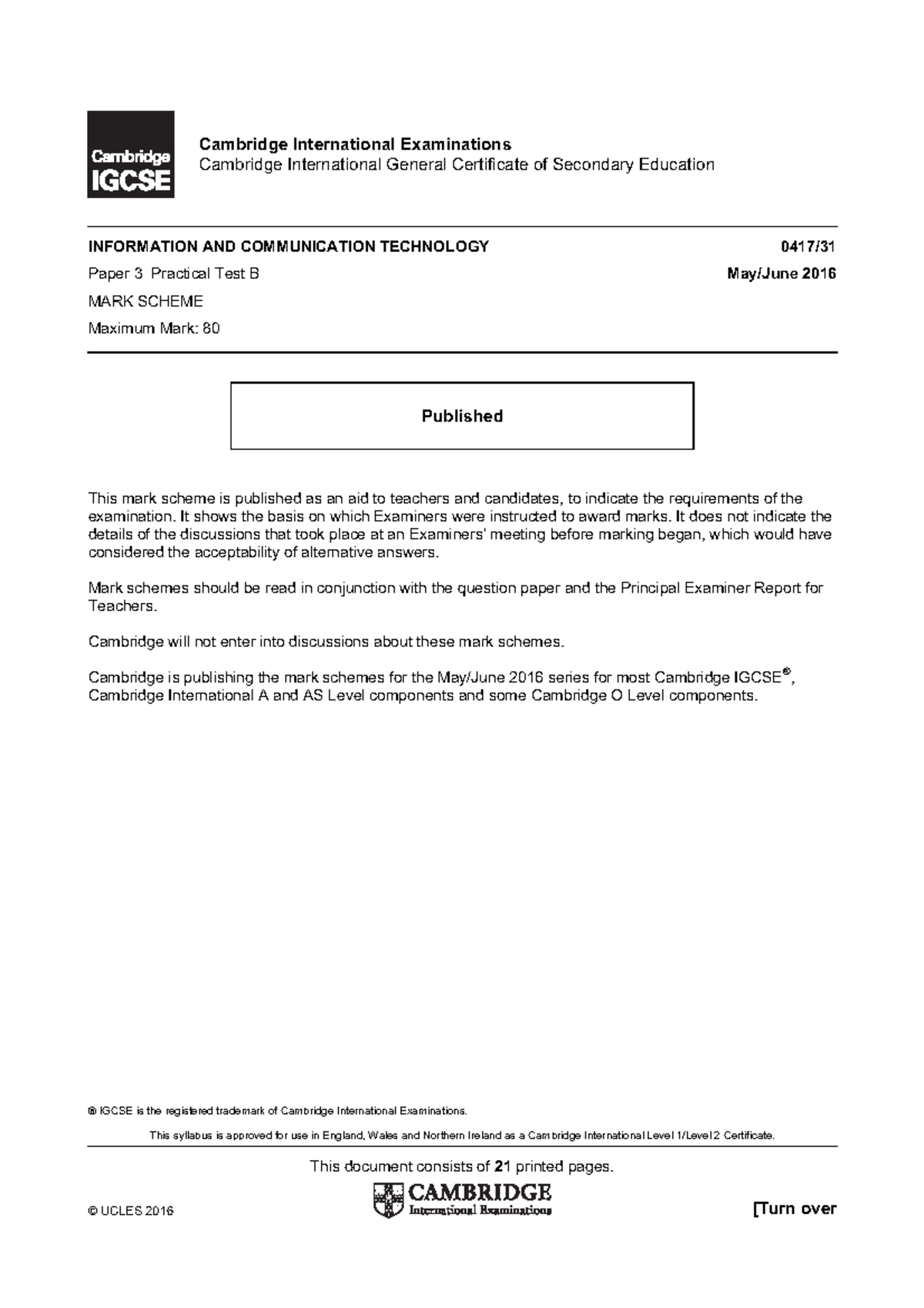 0417 s16 ms 31 - IGCSE ICT Practical Paper 3 Mark Scheme - Studocu