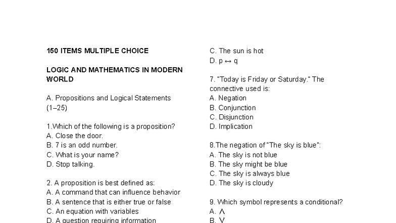 Reviewer Exam - Logic and Mathematics in the Modern World (150 MCQs ...
