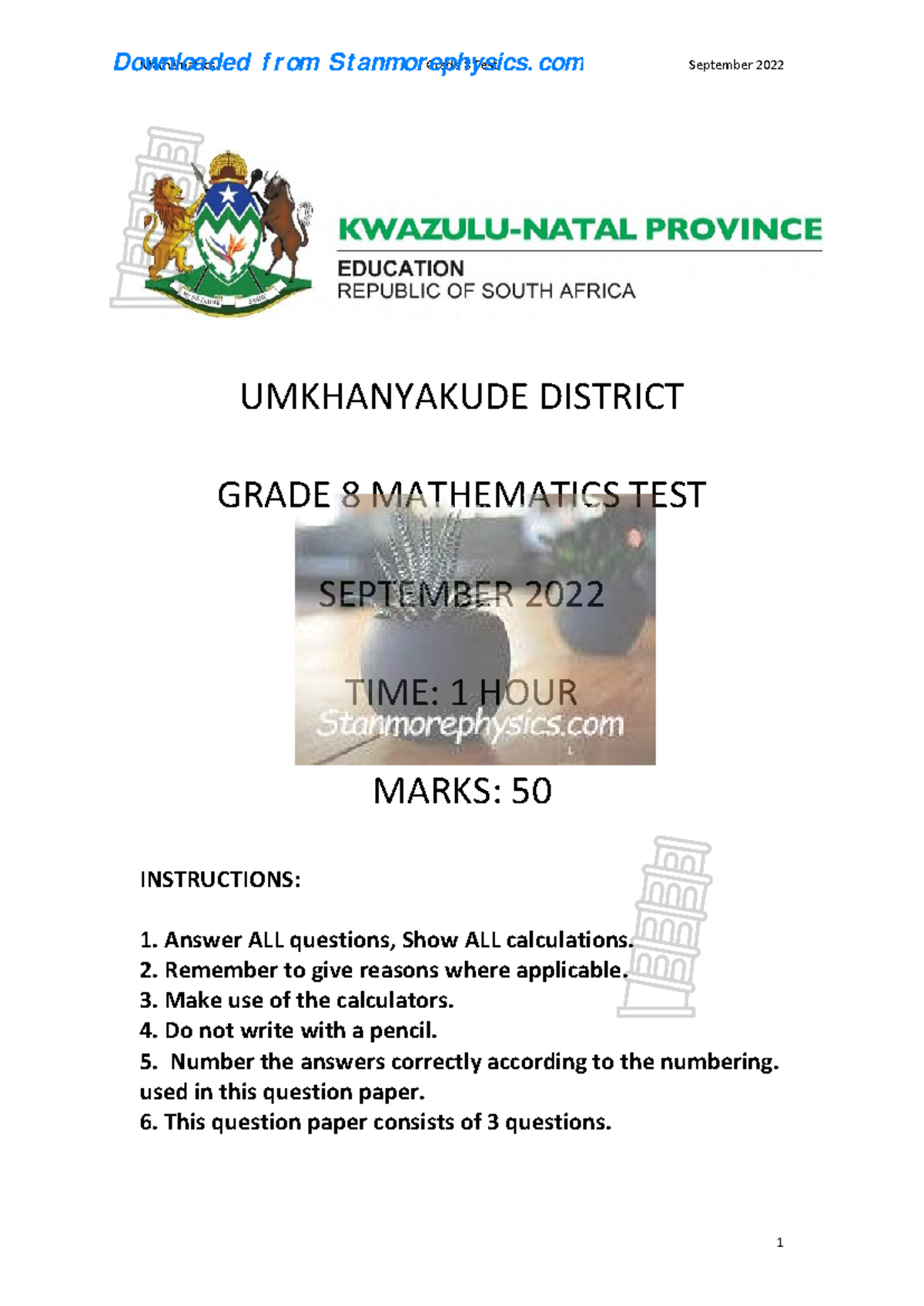 KZN Maths Grade 8 September 2022 Test Paper & Memo - Studocu
