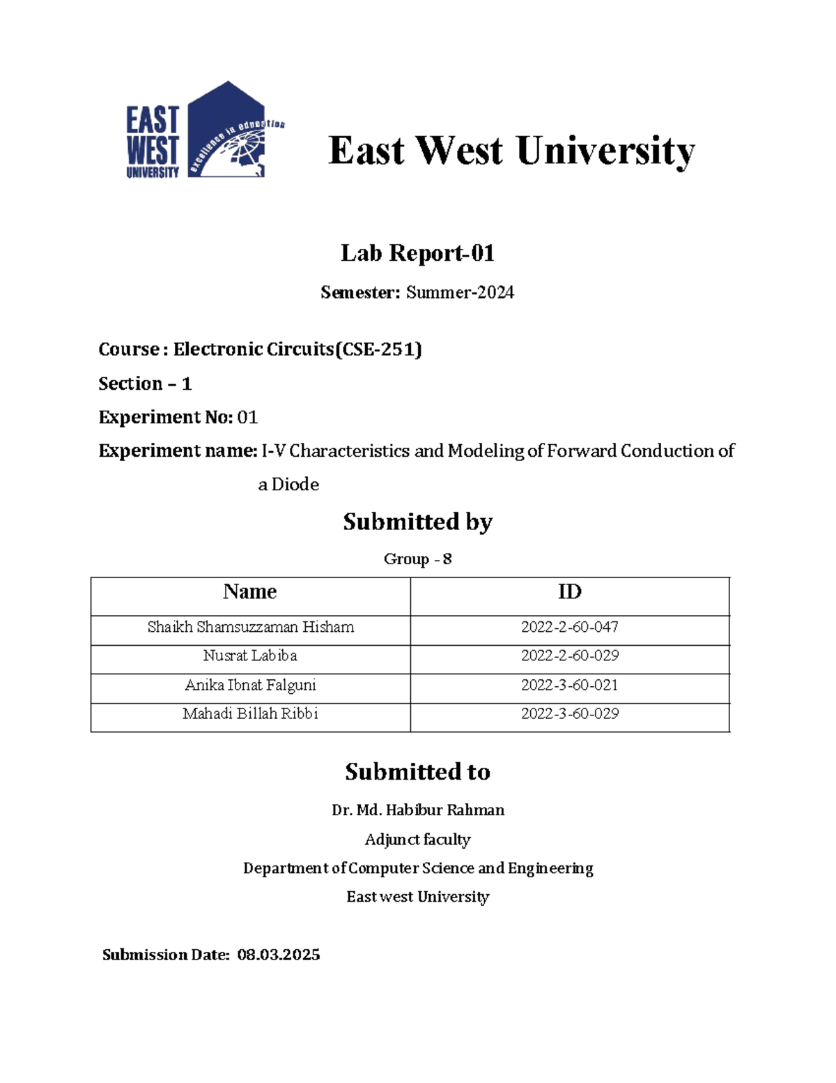 Lab report 1: Characteristics and modeling of forward conduction of a ...