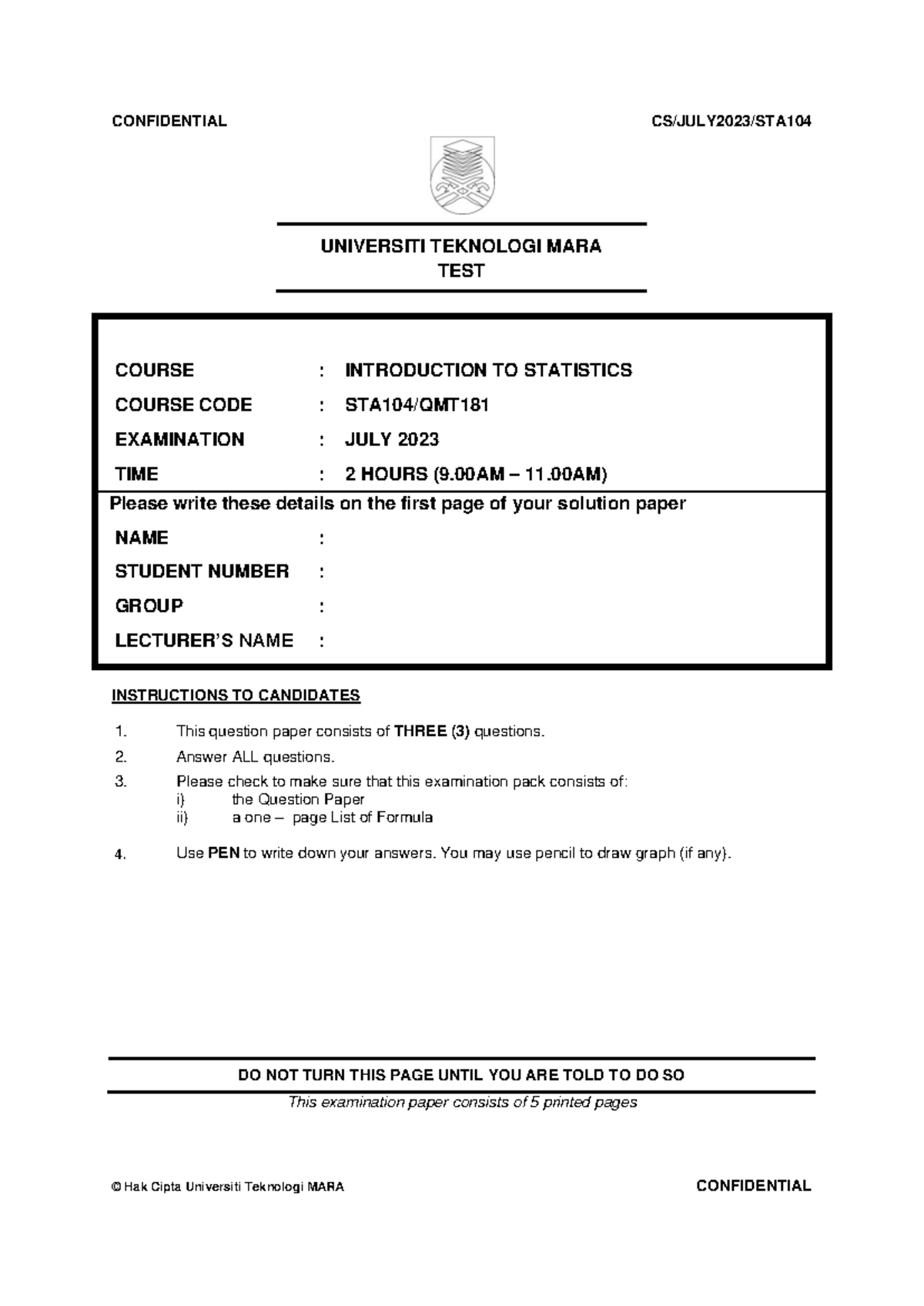 STA104 Final Exam: Introduction to Statistics - July 2023 - Studocu