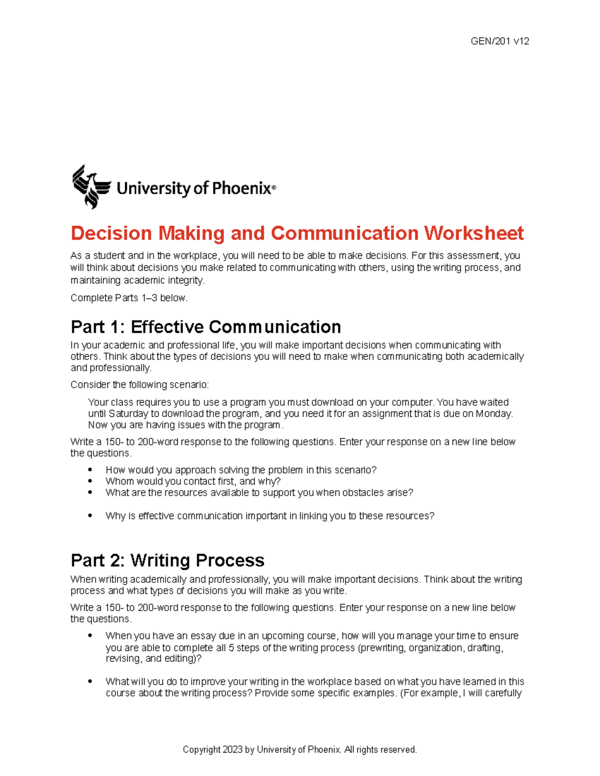 Gen201 v12 wk3 decision making and communication worksheet - GEN/201 v ...