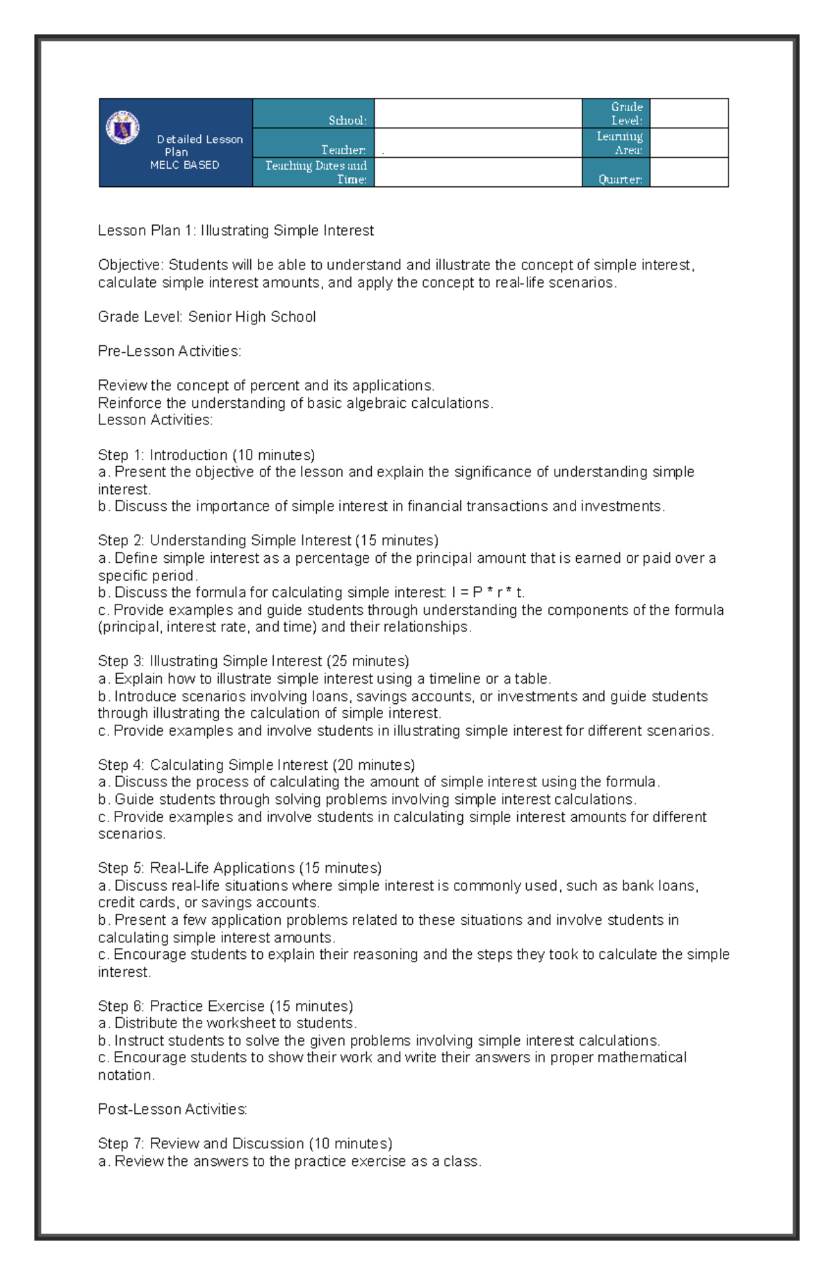 General Mathematics Q2 DLL: Lesson Plans on Simple and Compound ...