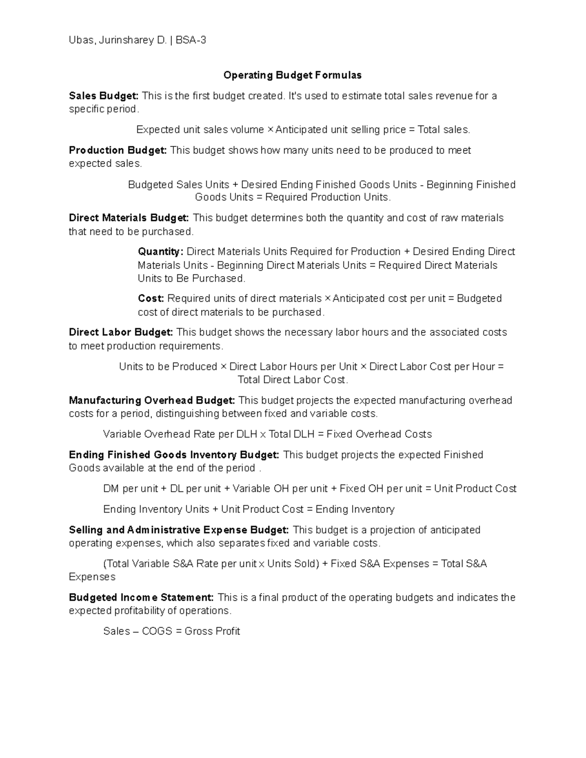Operating Budget Formulas: Sales, Production, and Expense Budgets - Studocu