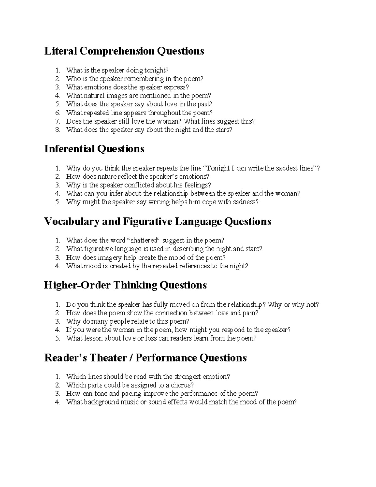 Literal Comprehension & Analysis of "Tonight I Can Write the Saddest ...