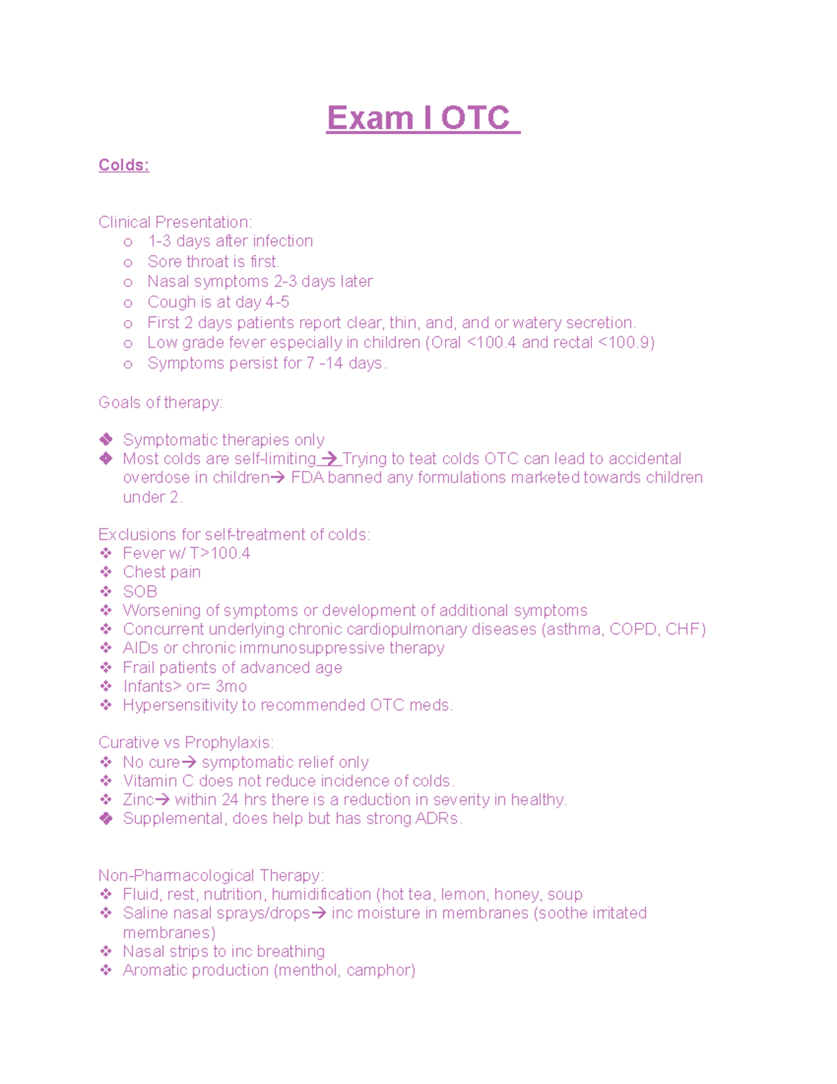 Exam I OTC Review: Key Points and Medications for Cold Management - Studocu
