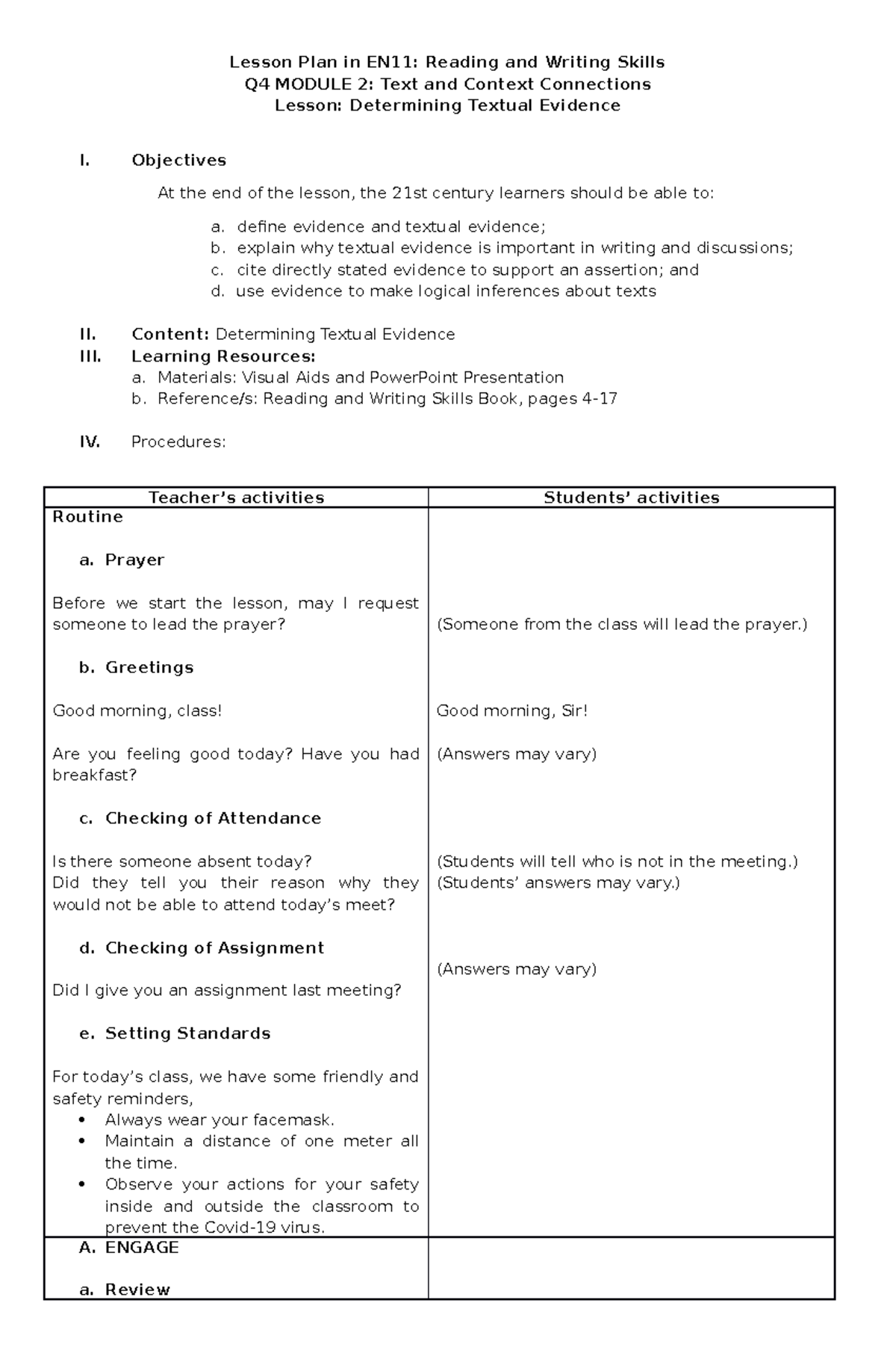 EN11 Q4M2: Lesson Plan on Determining Textual Evidence - Studocu