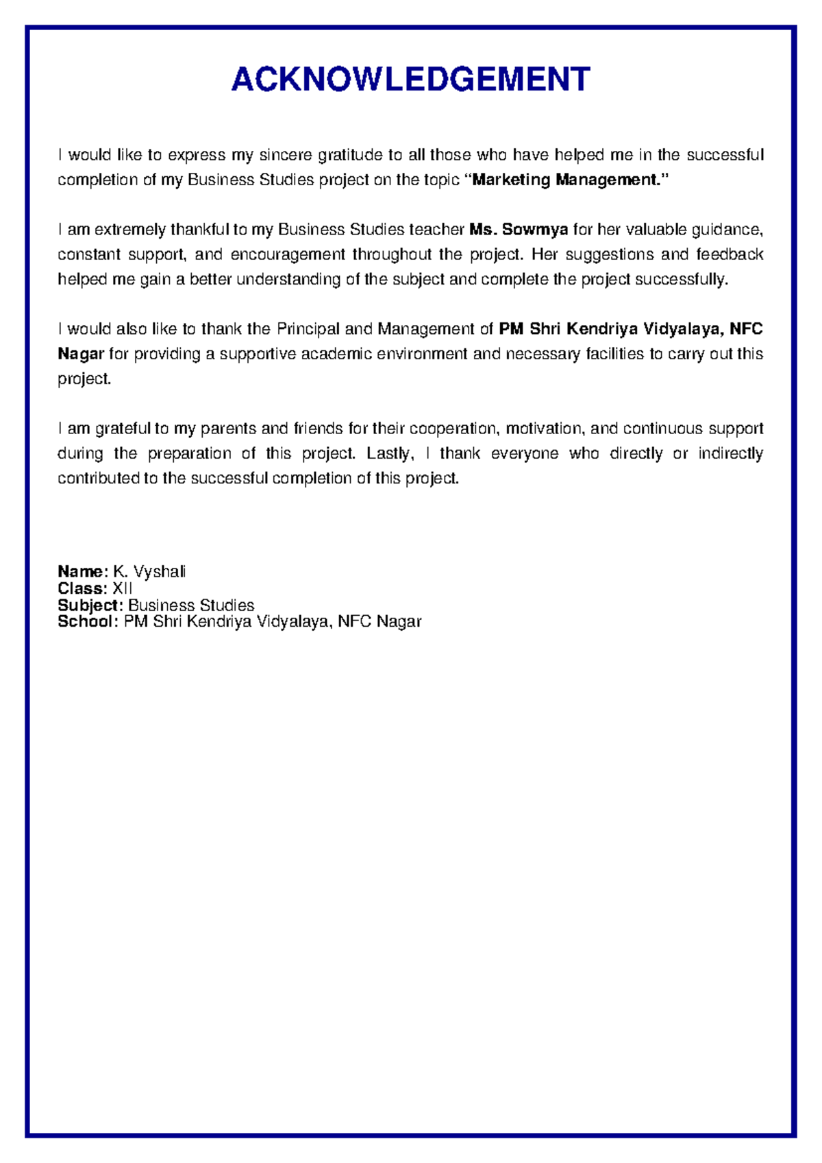 Acknowledgement for Business Studies Project - XII - Studocu