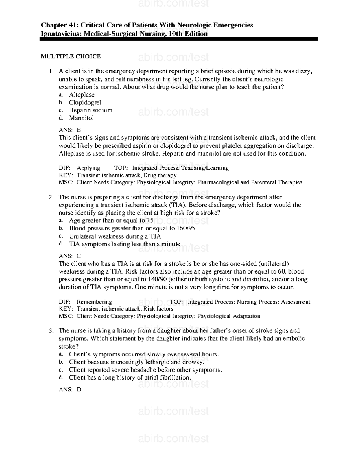 Iggy Med Surg Nsg Ch 41: Practice Test on Neurologic Emergencies - Studocu