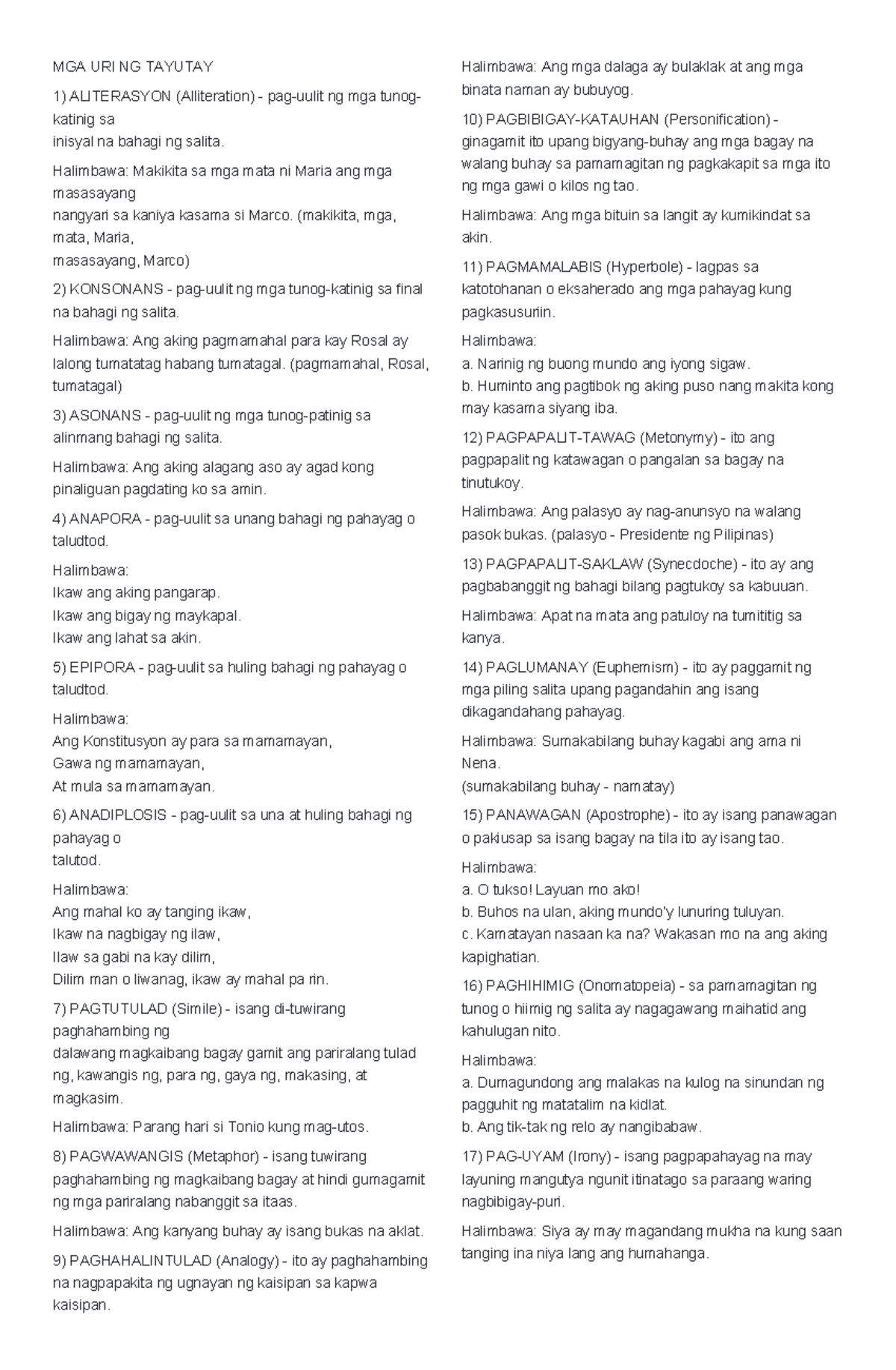 MGA URI NG TAYUTAY at KANILANG MGA HALIMBAWA - MGA SAGISAG-PANULAT ...