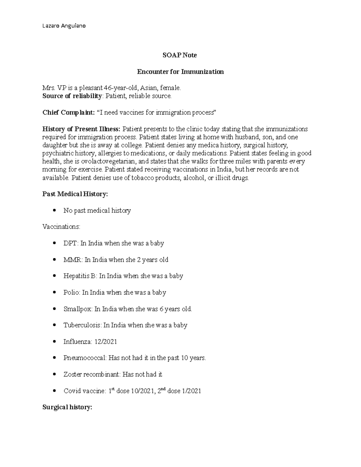 SOAP Note for Immunization Assessment of Patient Mrs. VP - Studocu