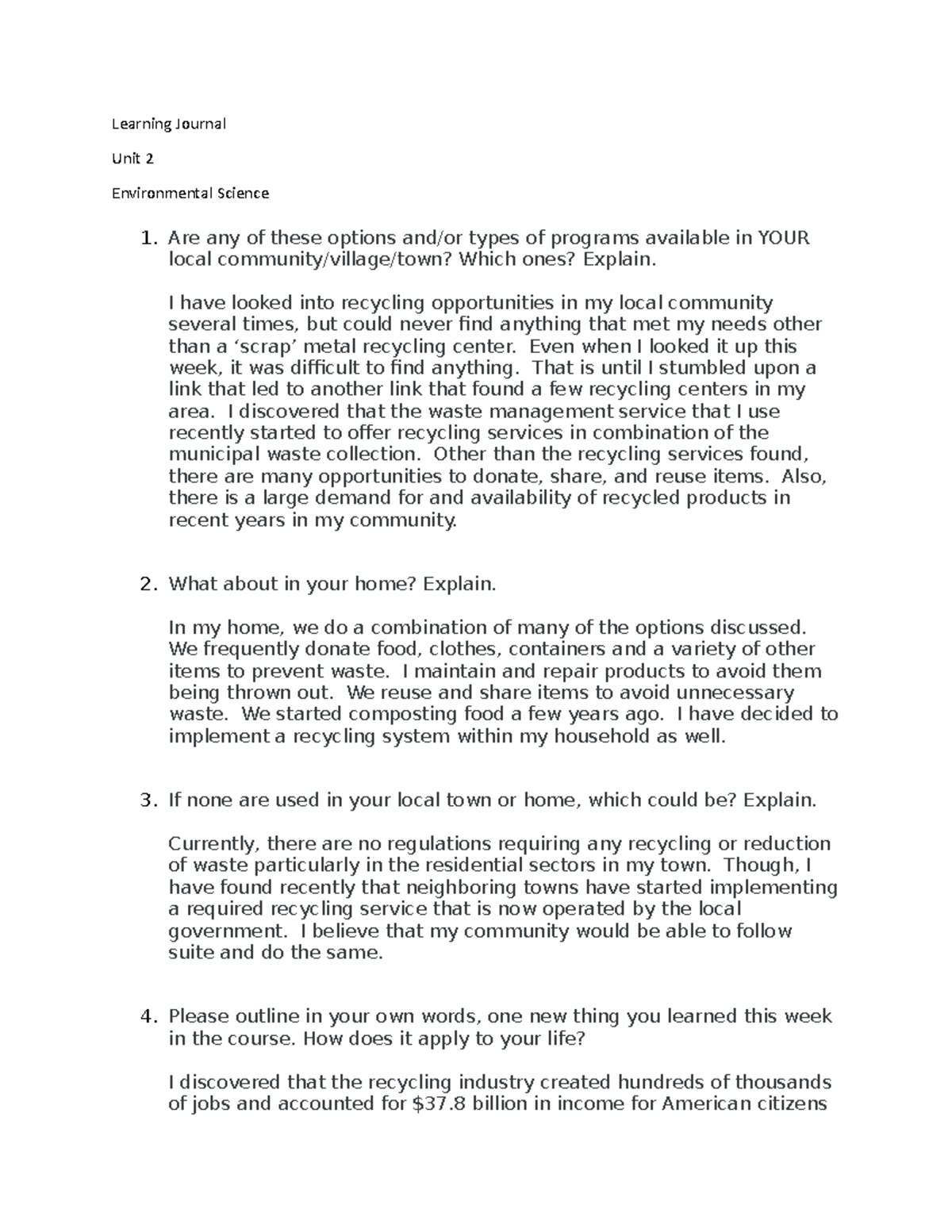 Learning Journal: Unit 2 Insights in Environmental Science - Studocu