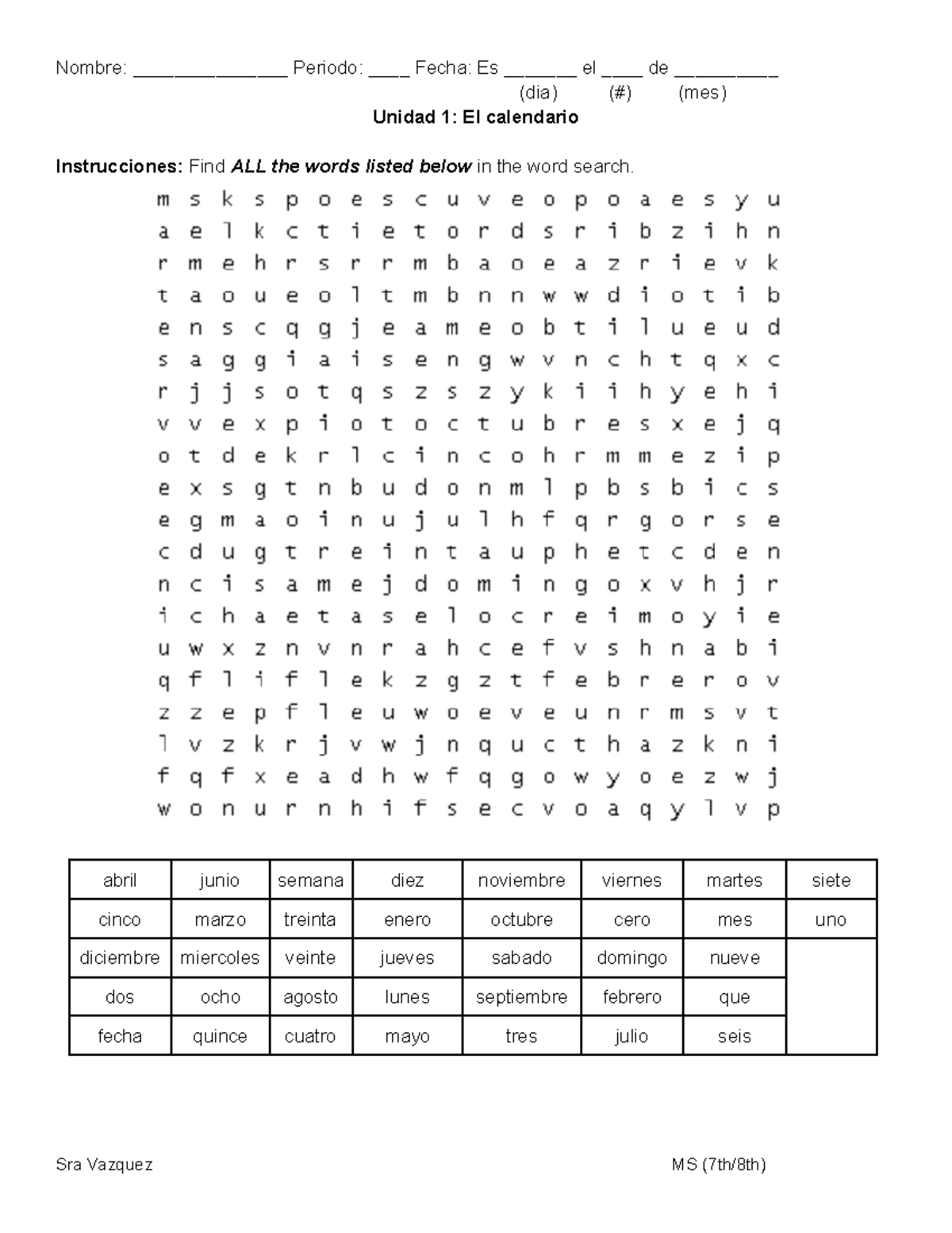 Unidad 1: El Calendario - Práctica de Vocabulario - Studocu