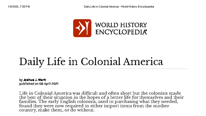 Daily Life in Colonial America - World History Encyclopedia - Daily ...