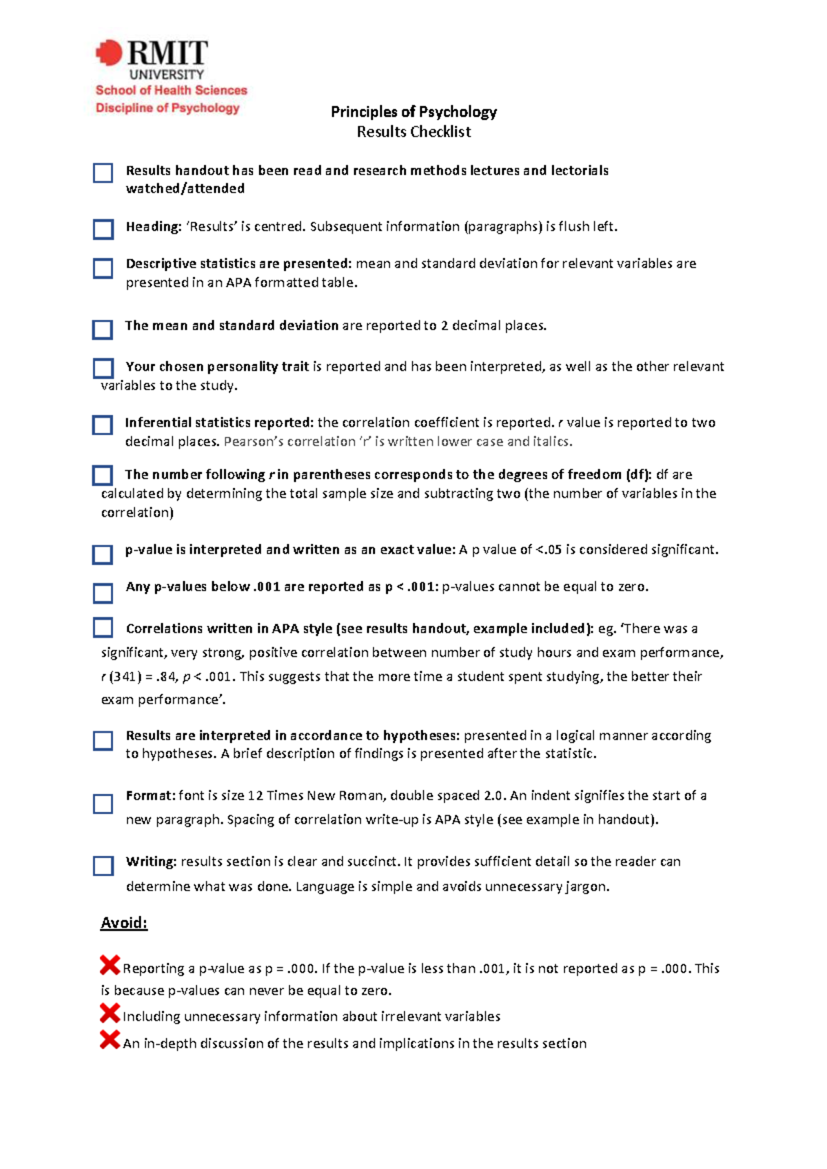 PSY101 Principles of Psychology Results Checklist & Practice Material ...