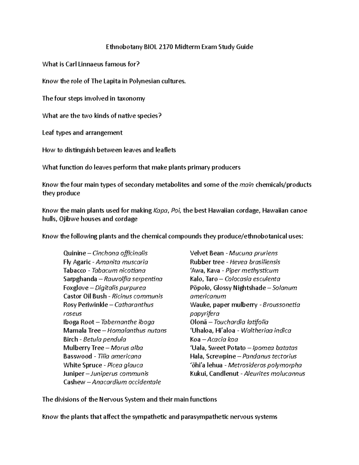 Ethnobotany BIOL 2170 Midterm Exam Study Guide: Key Concepts & Plants - Studocu