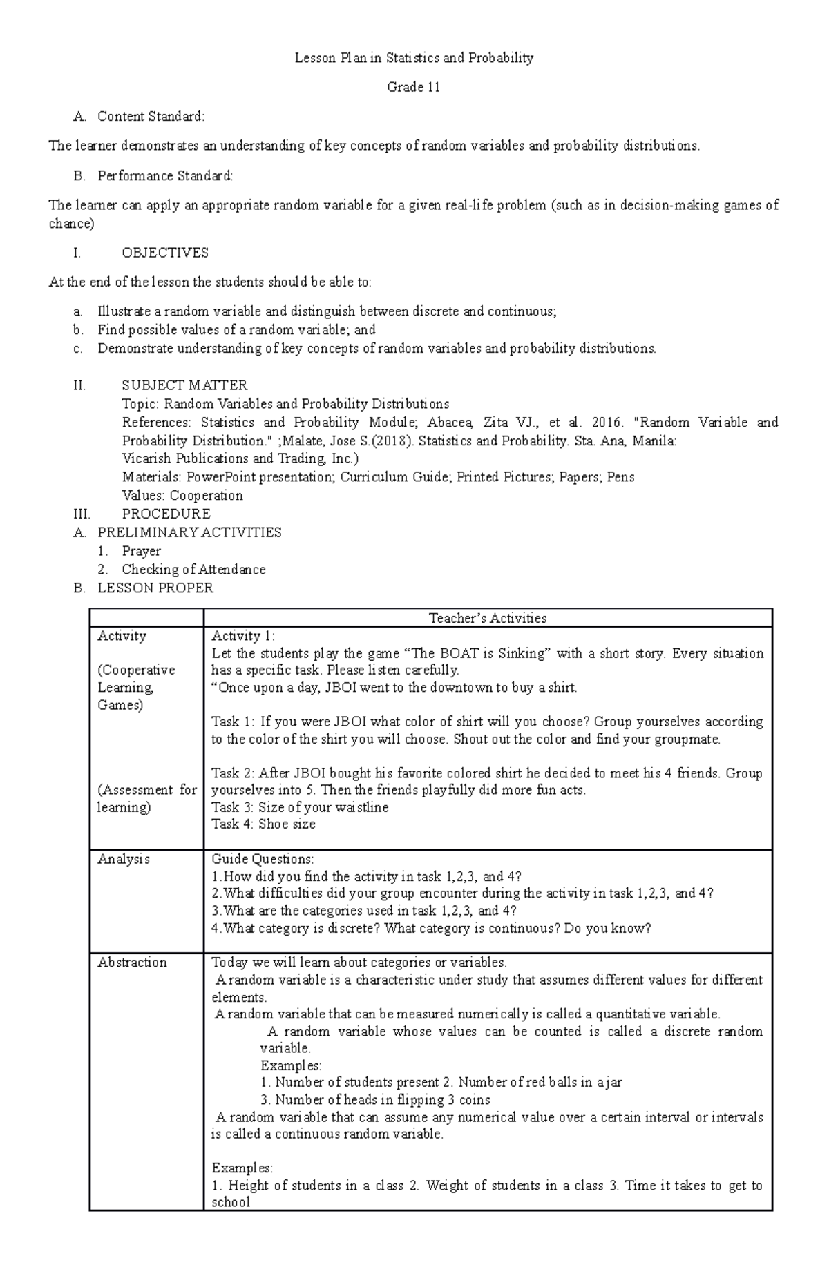 DLP 1 STAT - Lesson Plan on Random Variables & Probability - Studocu