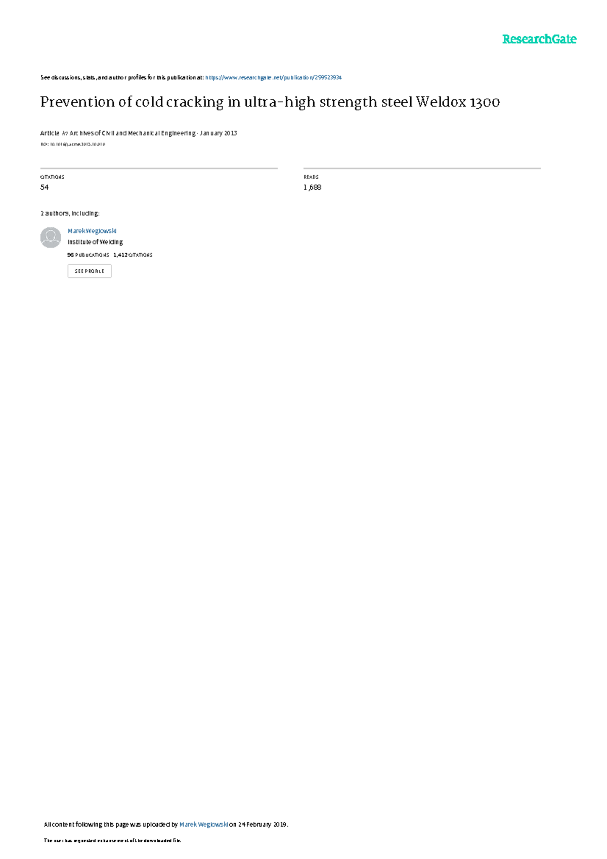 Prevention of Cold Cracking in Ultra High Strength Steel Weldox 1300 ...