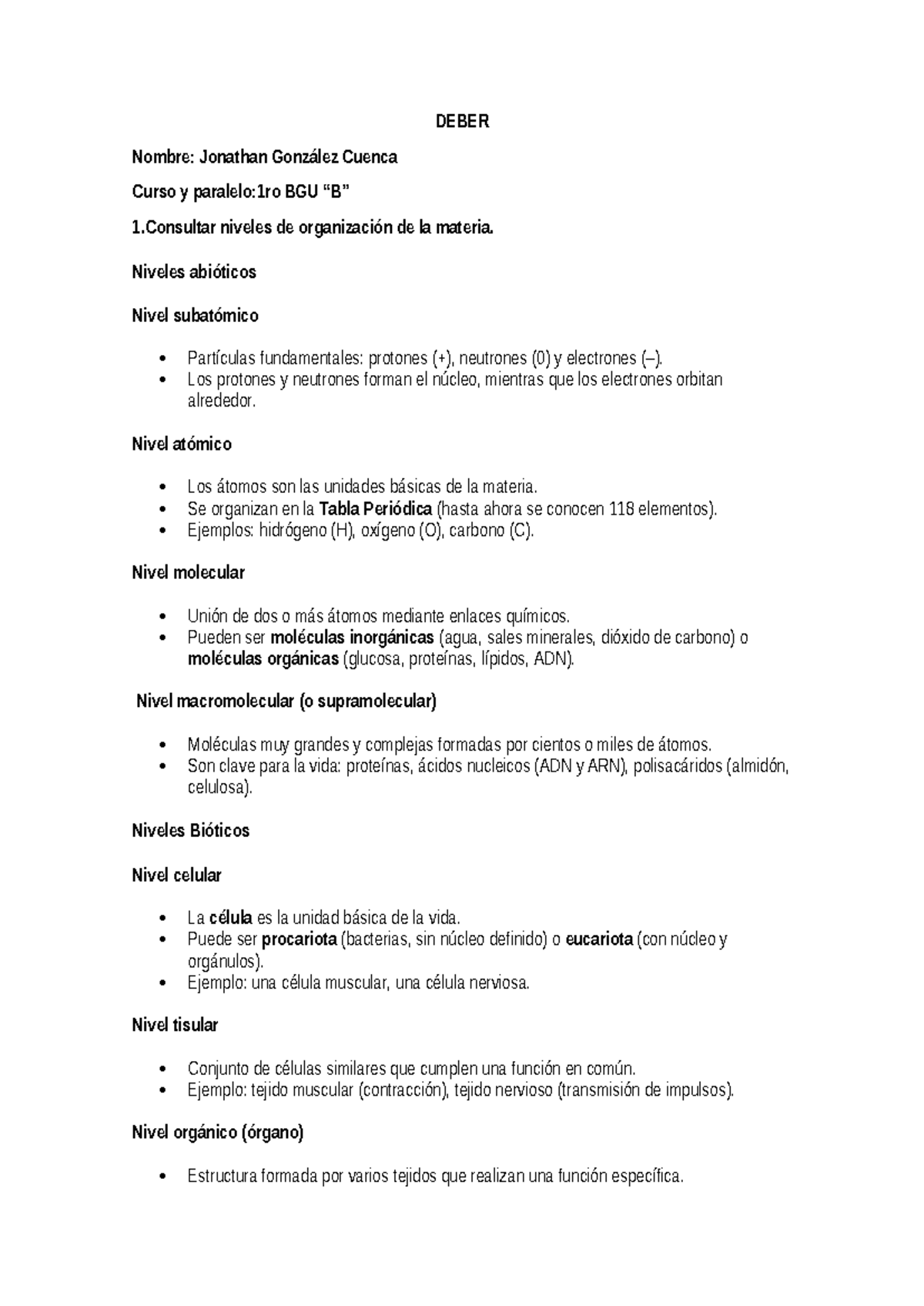 DEBER 1ro BGU: Niveles de Organización de la Materia y Estructura Celular - Studocu