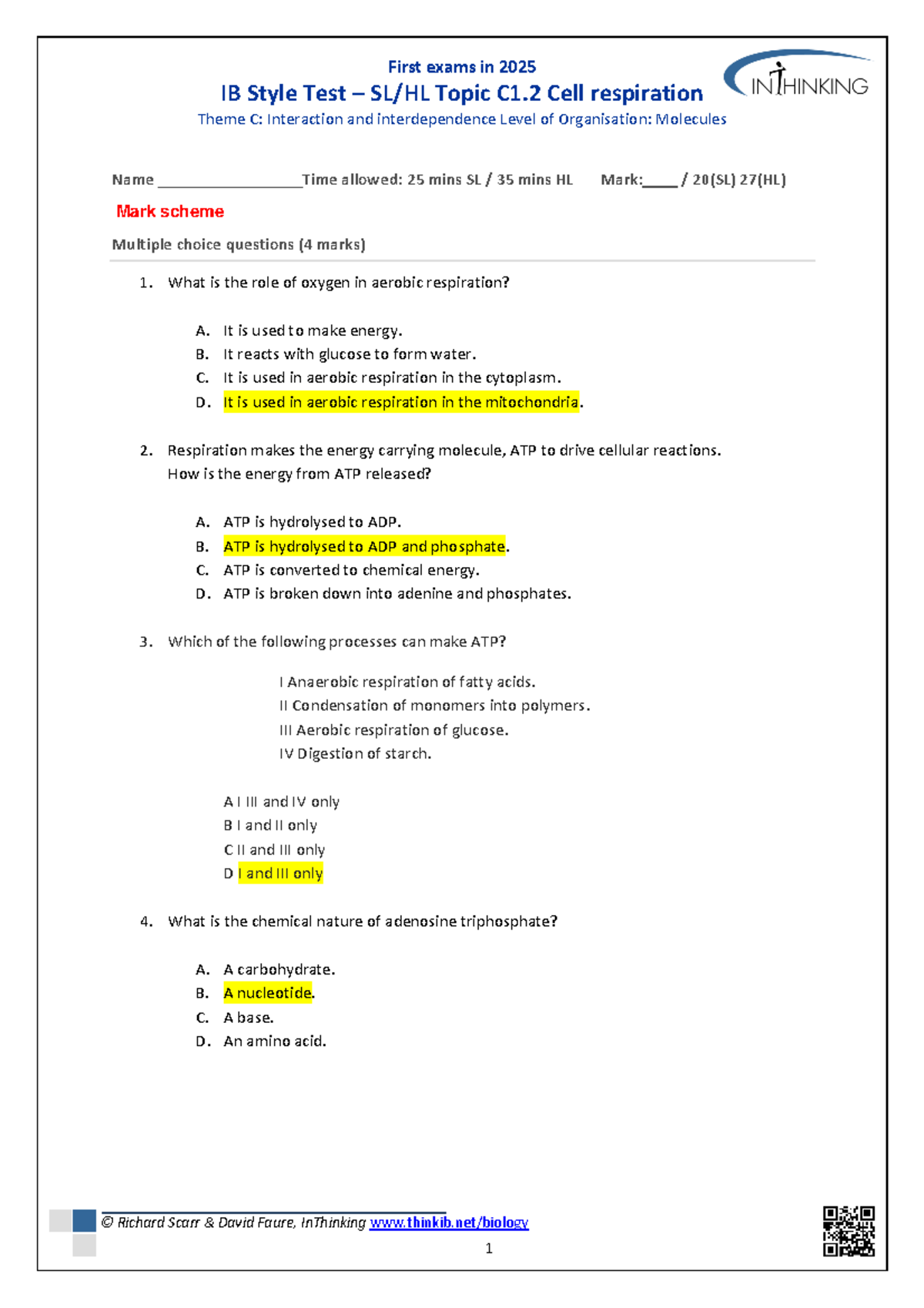 C1.2 Cell Respiration IB Style Test - SL/HL with Questions & Answers ...
