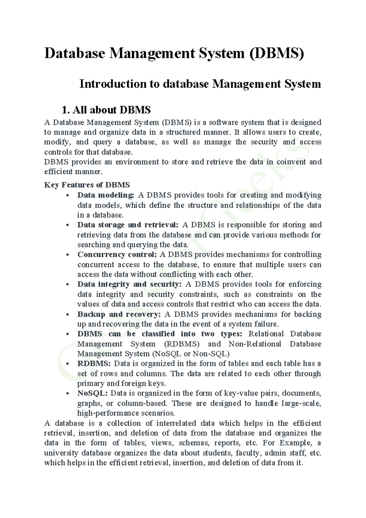 DBMS 101: Comprehensive Notes on Database Management Systems - Studocu