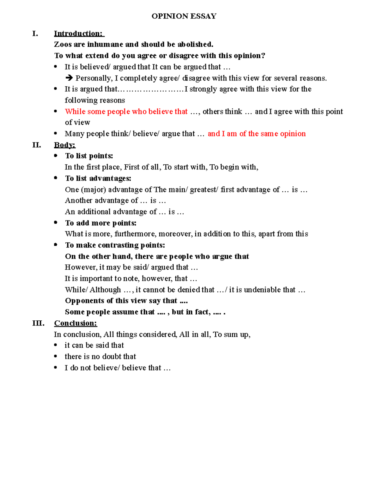 Argumentative-essay-zoo - OPINION ESSAY I. Introduction: Zoos are ...
