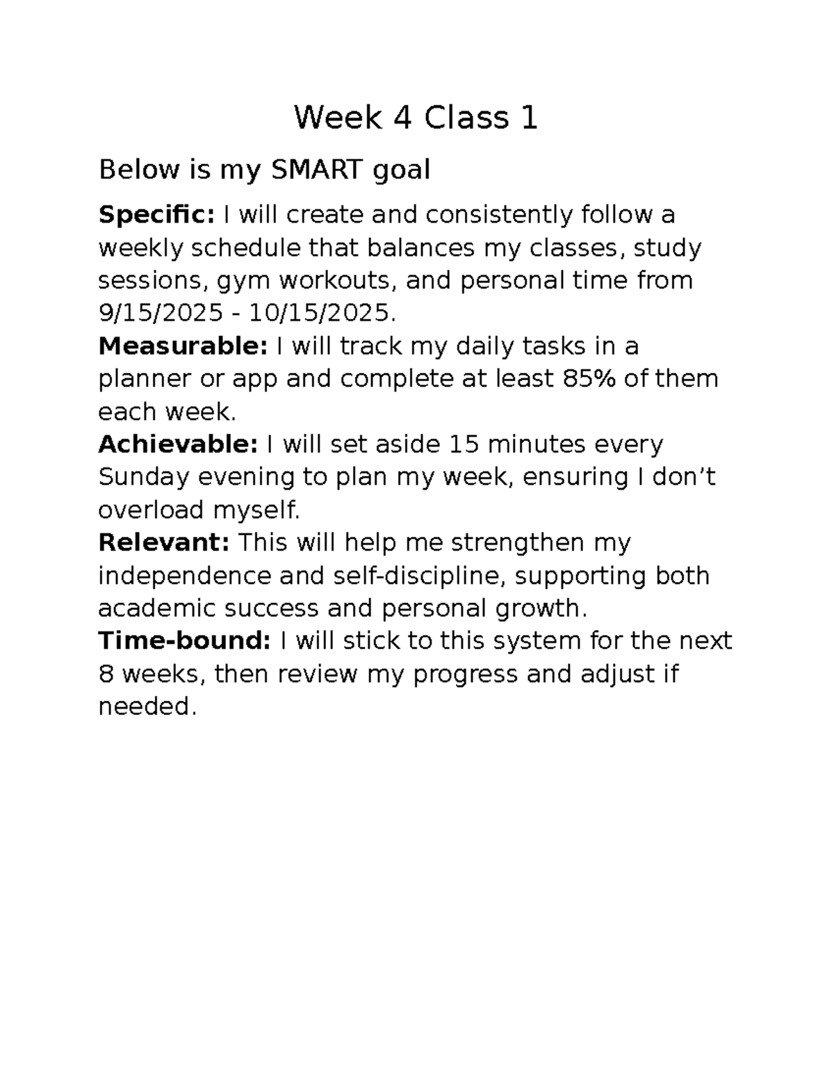 Week 4 Class 1: My SMART Goal for Time Management - Studocu