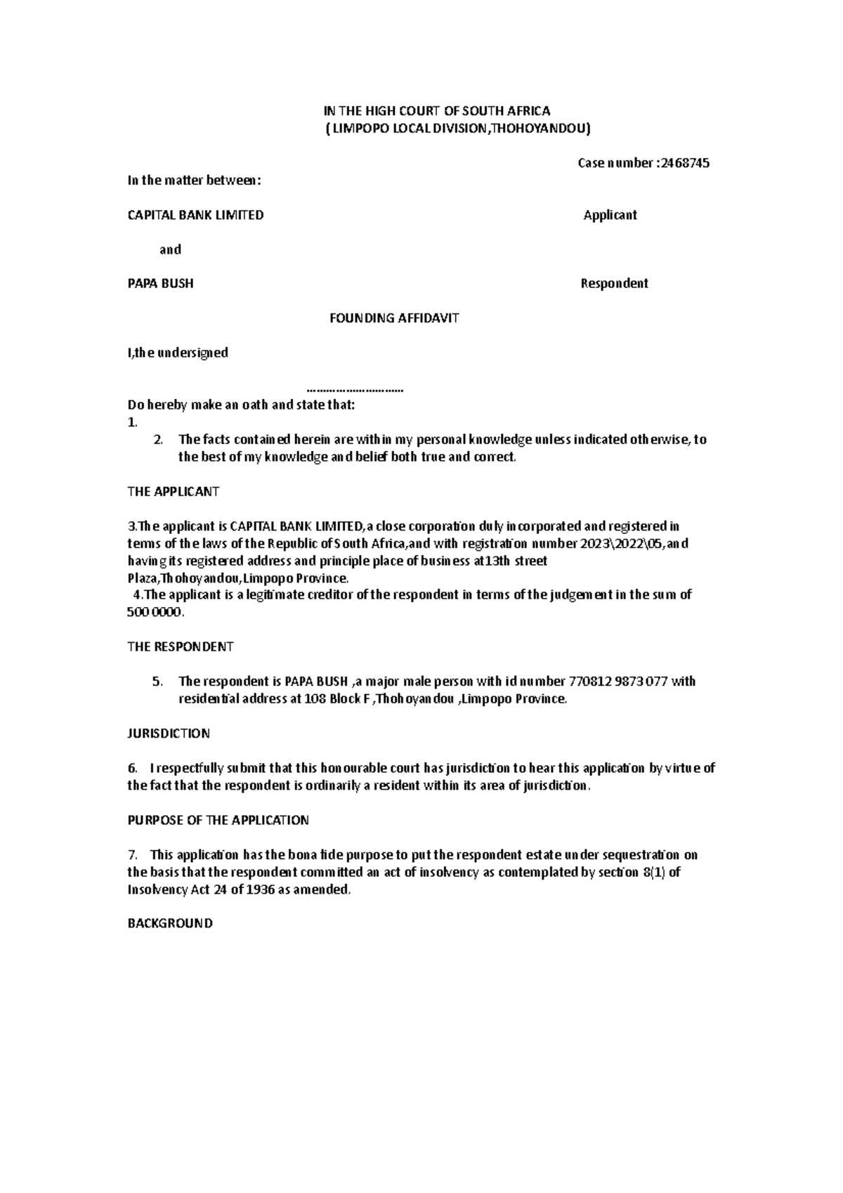 Founding Affidavit Example - High Court Case No. 2023/2022/05 - Studocu