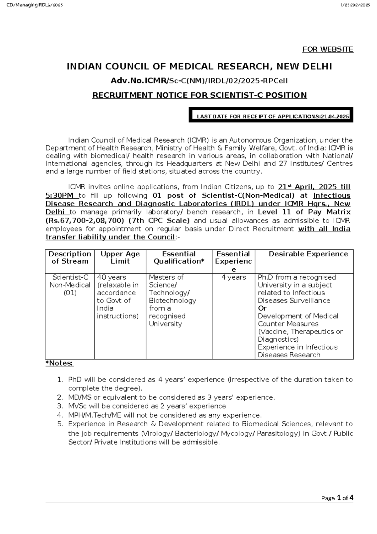 ICMR Recruitment Notice for Infectious Disease Research Position ...
