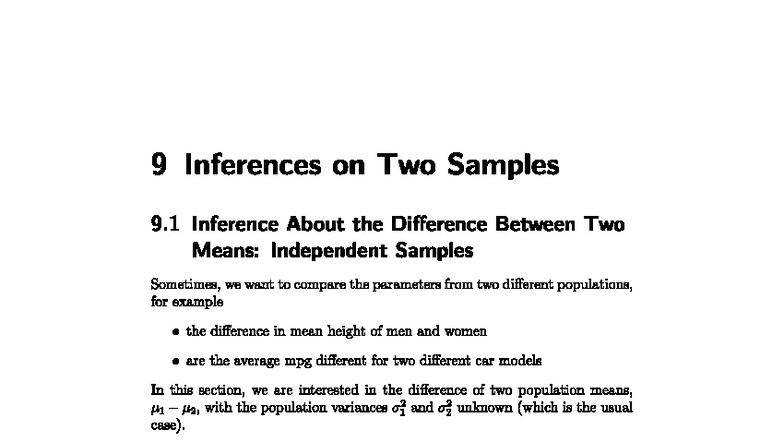 Chapter 9 - MATH 220 Lecture Notes on Two Sample Inferences - Studocu