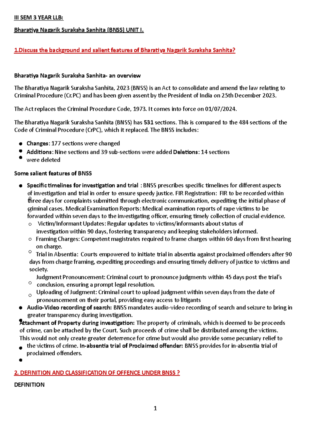 BNSS 3rd Sem LLB Unit 1 Notes: Overview of Legal Reforms and Features ...