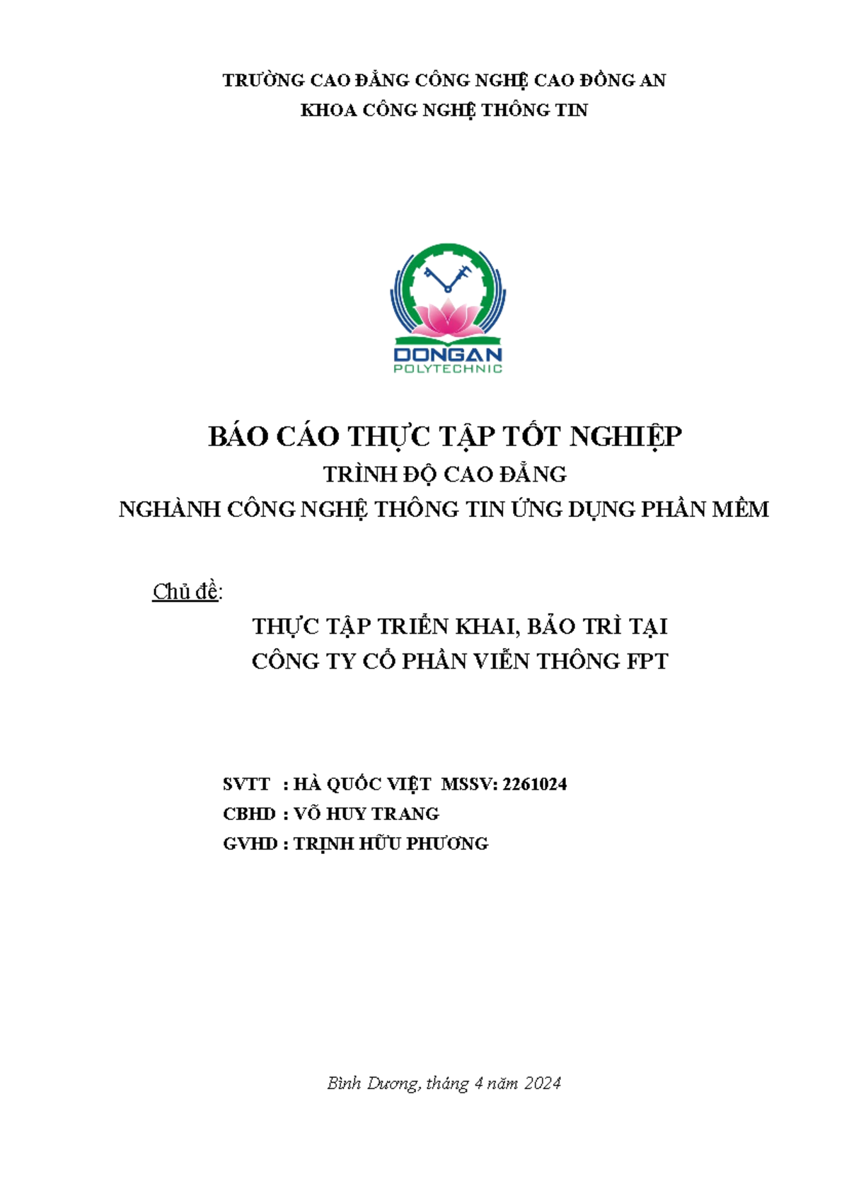 Baocaothuctap Ha Quoc Viet sua lai - TRƯỜNG CAO ĐẲNG CÔNG NGHỆ CAO ĐỒNG ...